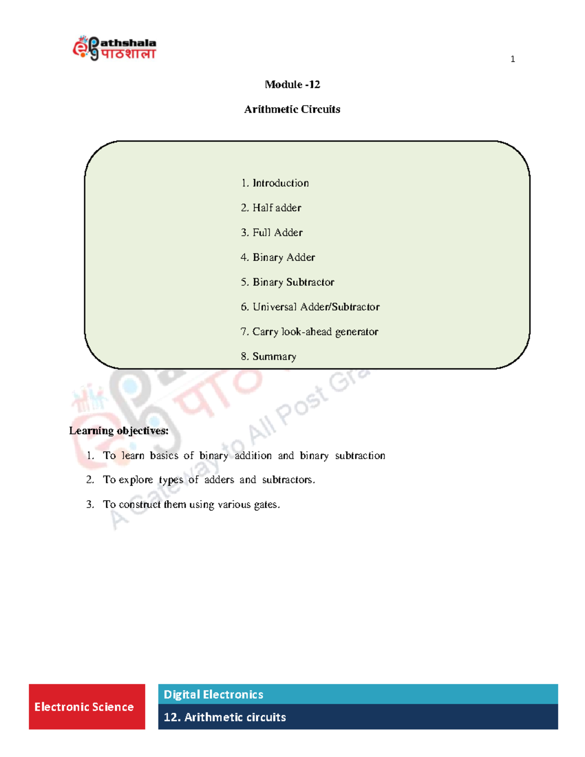 Module -12 Arithmetic Circuits - Electronic Science Digital Electronics ...