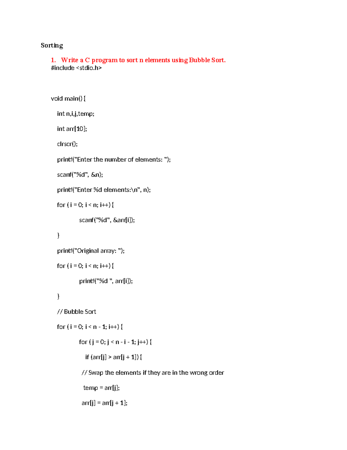 Sorting Sdftresdxjiktgky Sorting 1 Write A C Program To Sort N