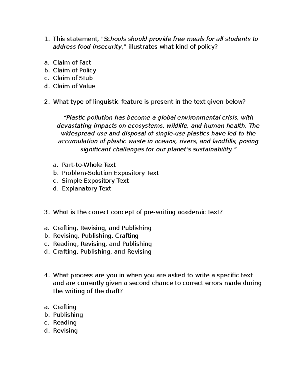 Sample-Questions - none - This statement, "Schools should provide free ...