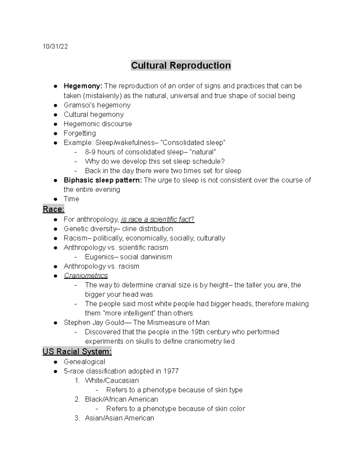 ANTH 207 Week 10 - Dr. Collins - 10/31/ Cultural Reproduction Hegemony ...