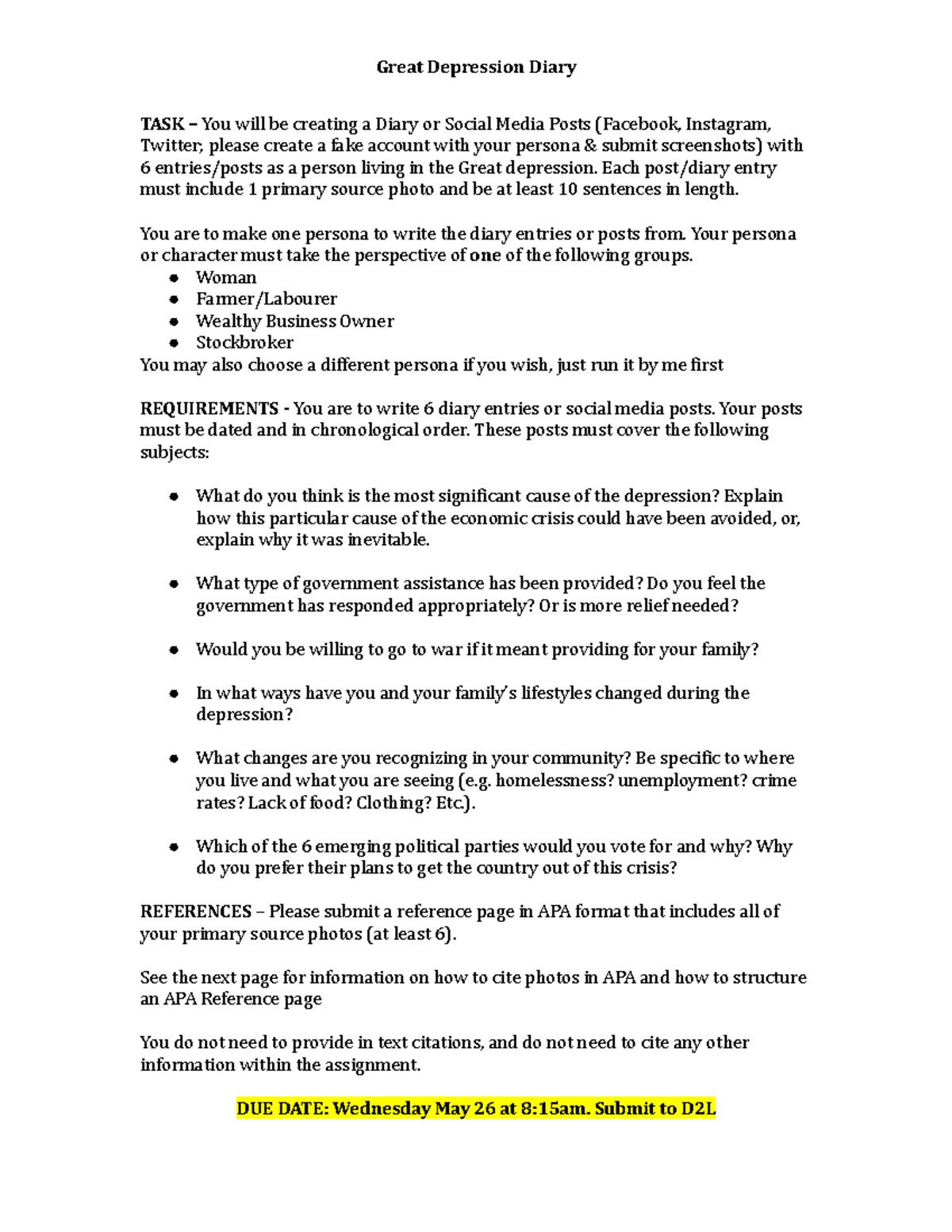 Great Depression Diary - Great Depression Diary TASK – You will be ...