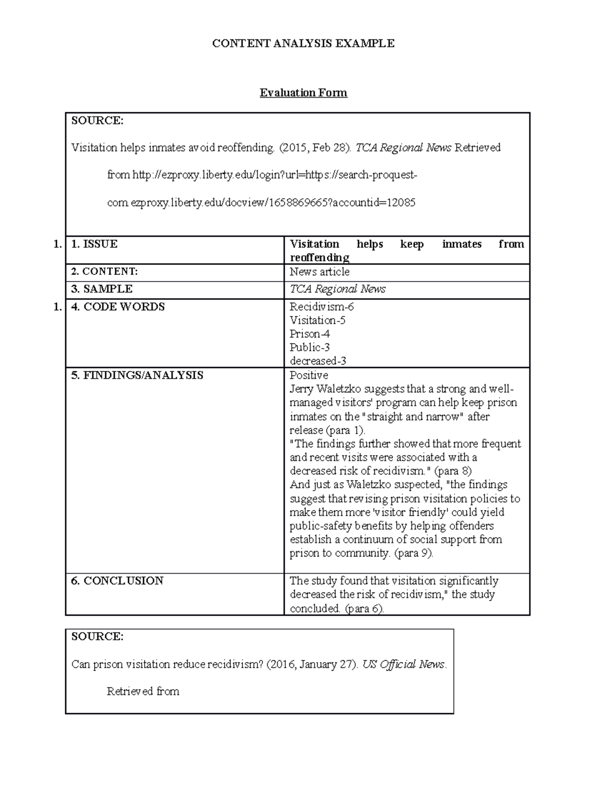 CJUS320-Content Analysis 1 - CONTENT ANALYSIS EXAMPLE Evaluation Form ...