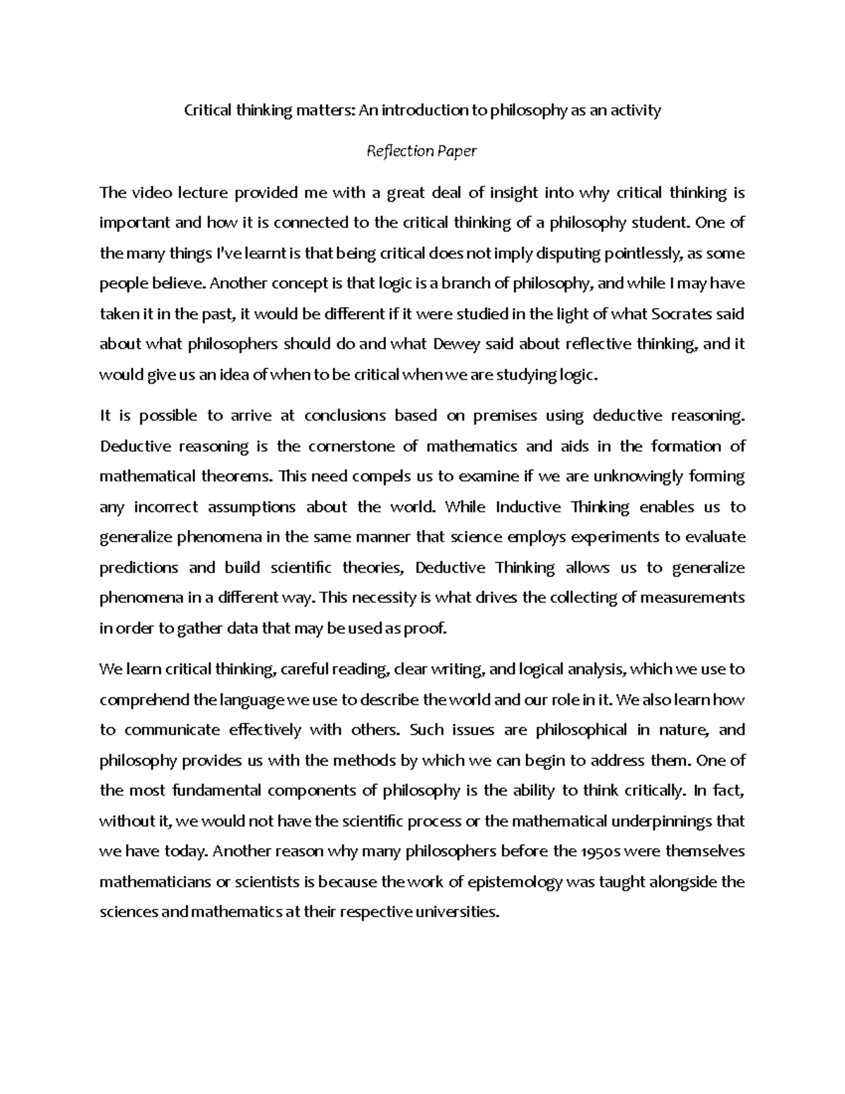 Reflection Paper Critical thinking YouTube Reflection - Critical ...