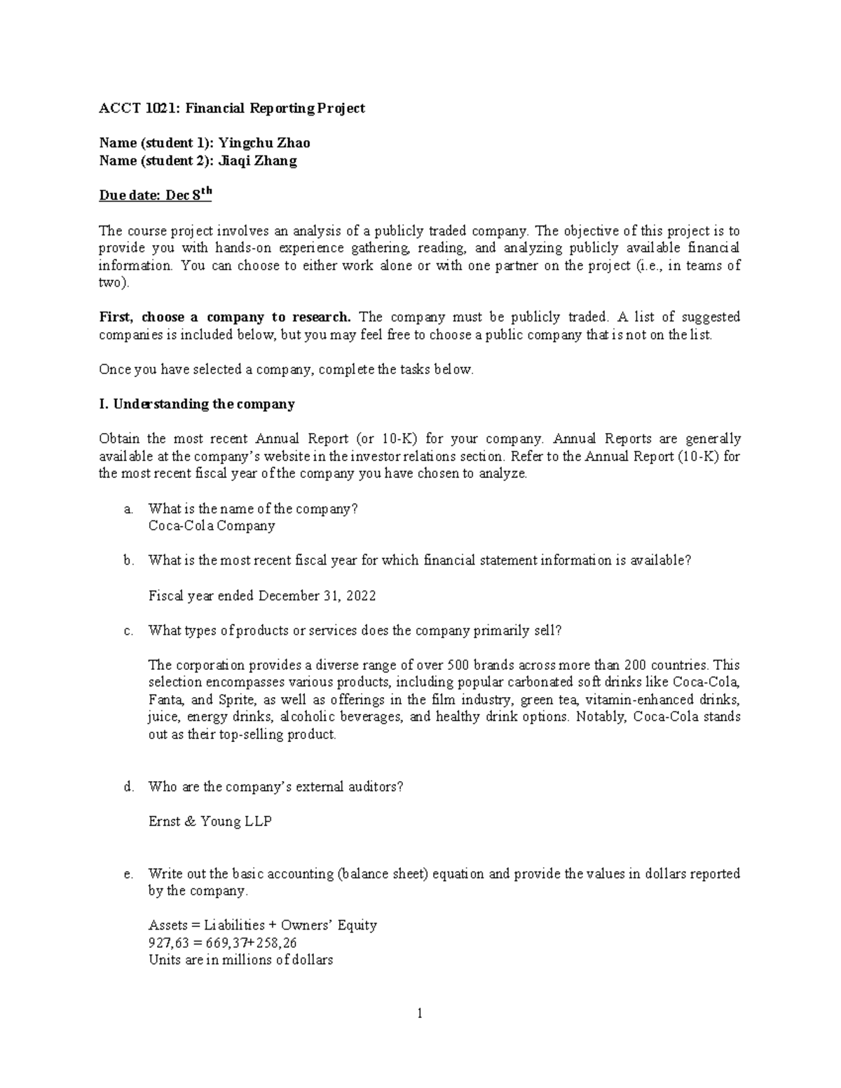 Financial Reporting Project Template - ACCT 1021: Financial Reporting ...