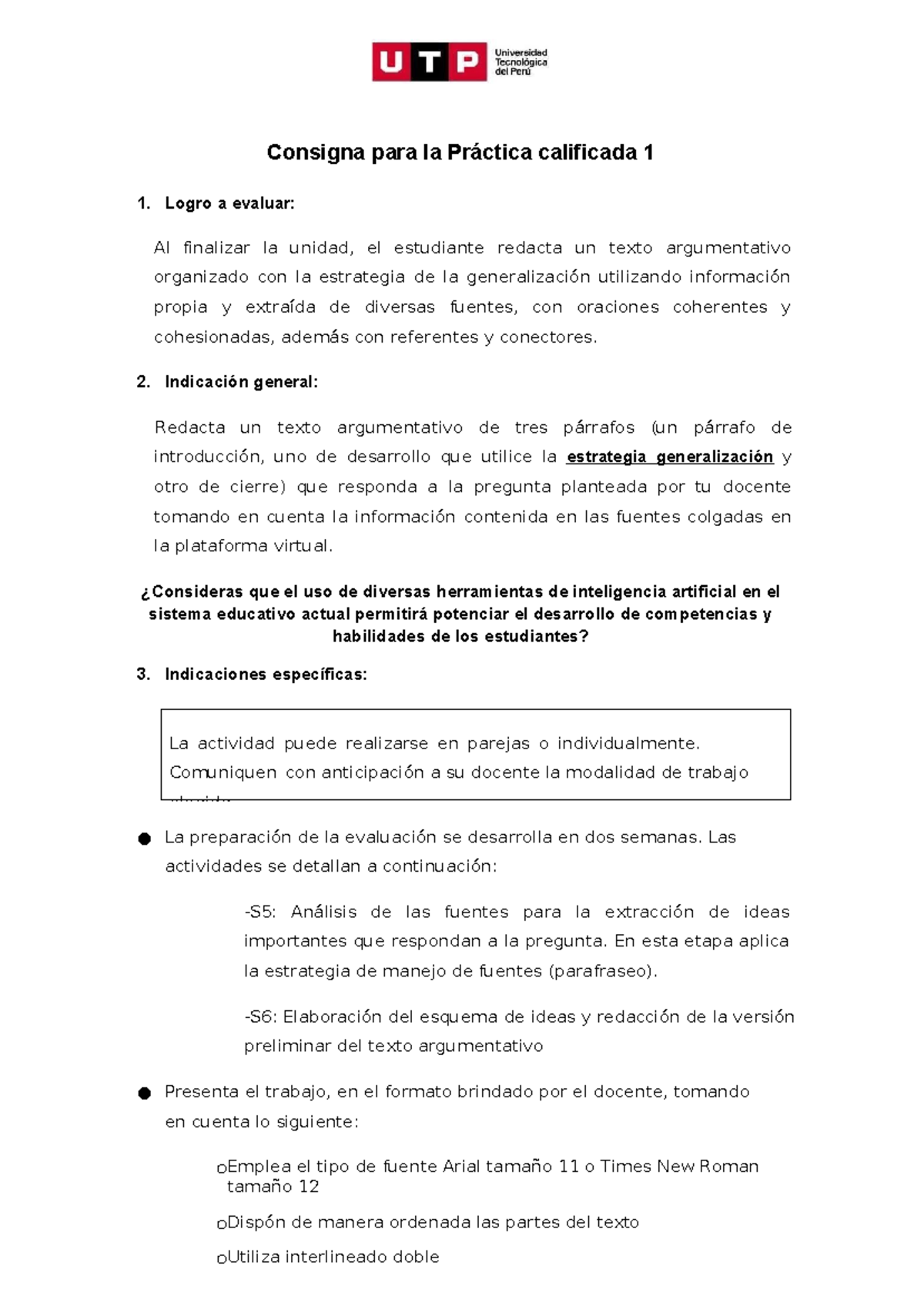 Consigna y formato para la PC1 - Consigna para la Práctica calificada 1 1. Logro a evaluar: Al ...