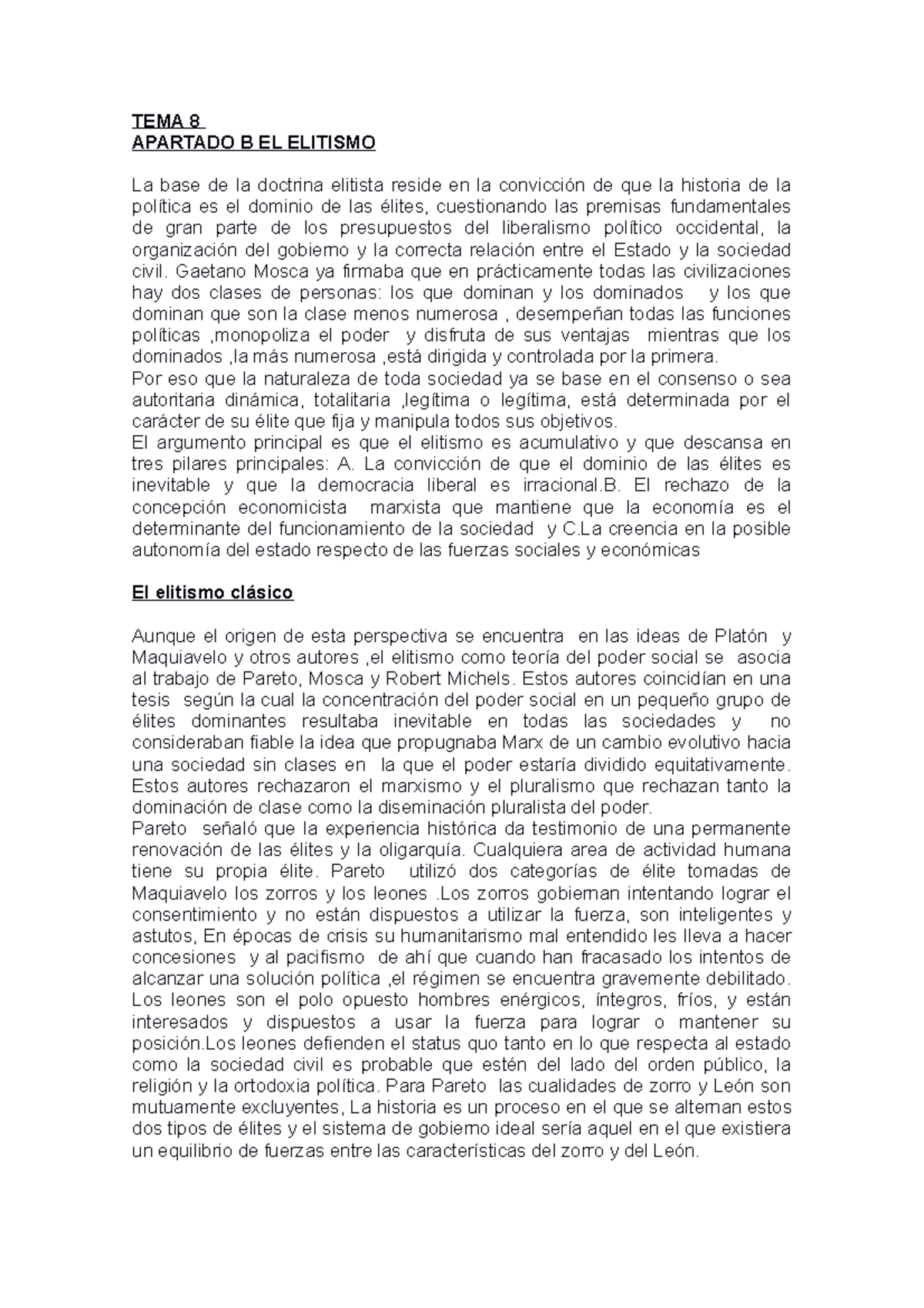 El elitismo - TEMA 8 APARTADO B EL ELITISMO La base de la doctrina ...