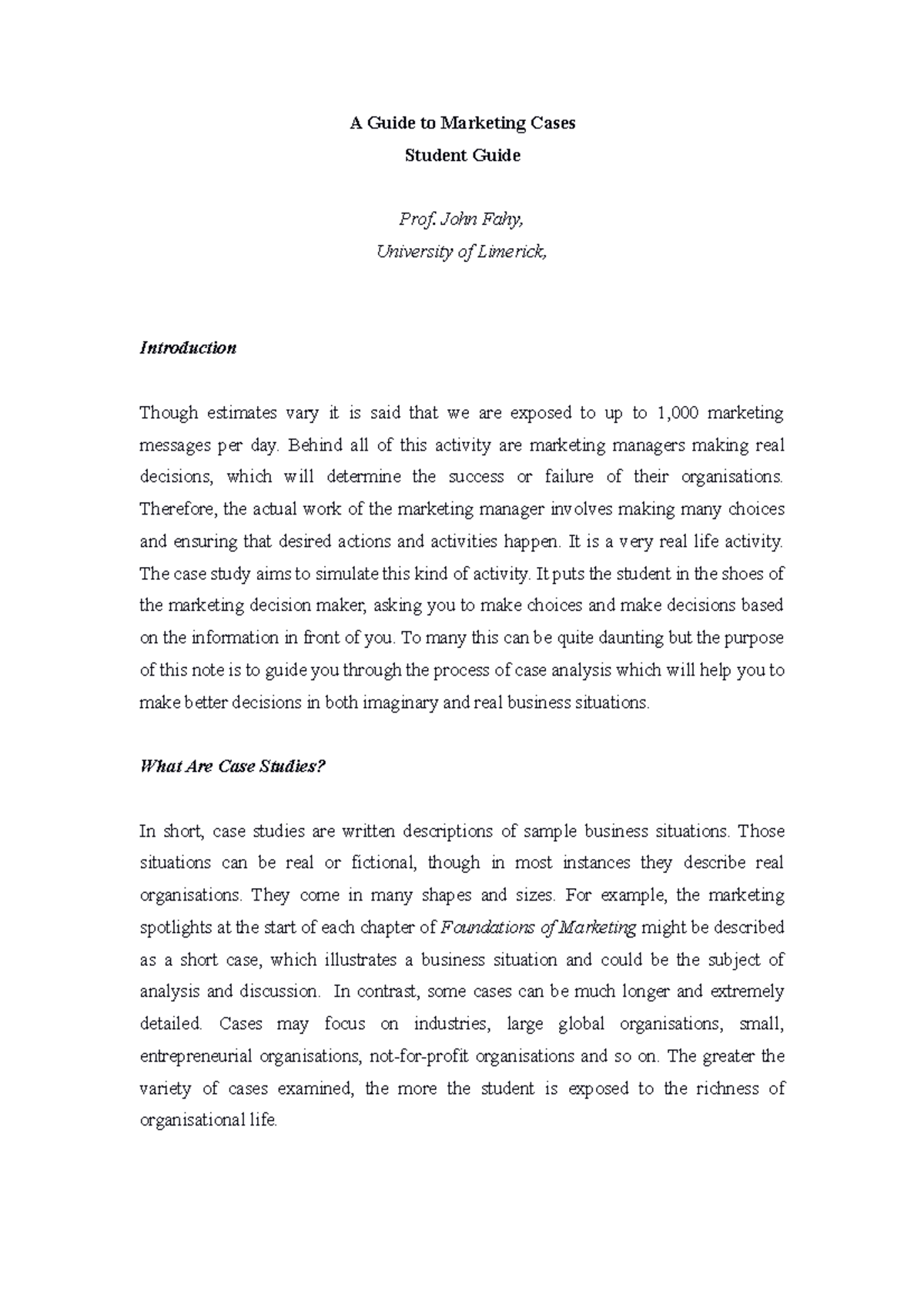 Case Analysis (Student Version) - A Guide to Marketing Cases Student ...