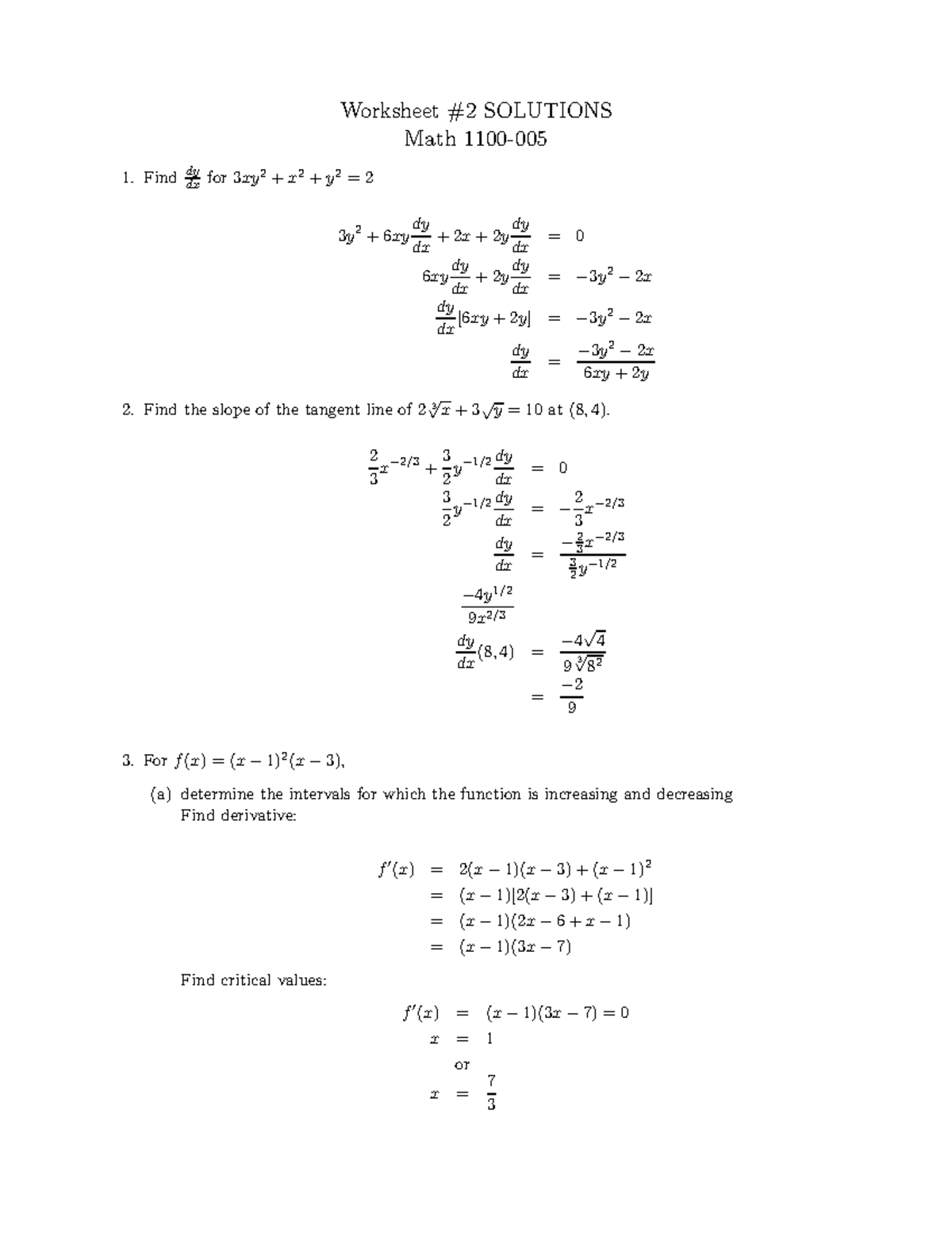 quiz on concavity - Worksheet #2 SOLUTIONS Math 1100- Find dy dx for ...
