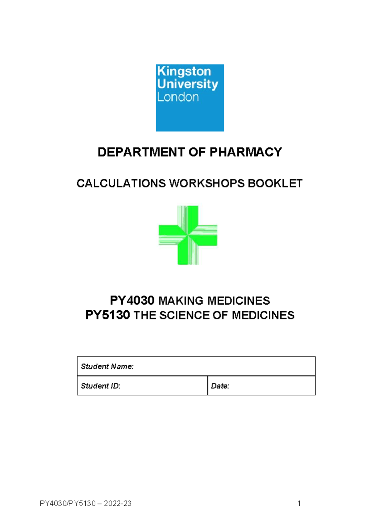 Workshop-1 with Answers - DEPARTMENT OF PHARMACY CALCULATIONS WORKSHOPS ...