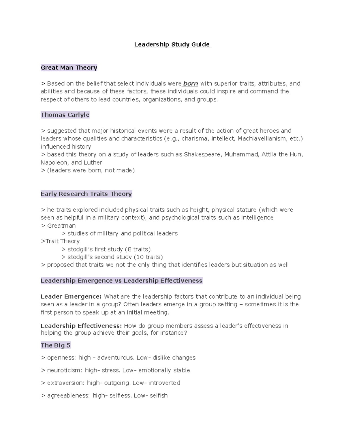 Leadership Study Guide - Leadership Study Guide Great Man Theory ...