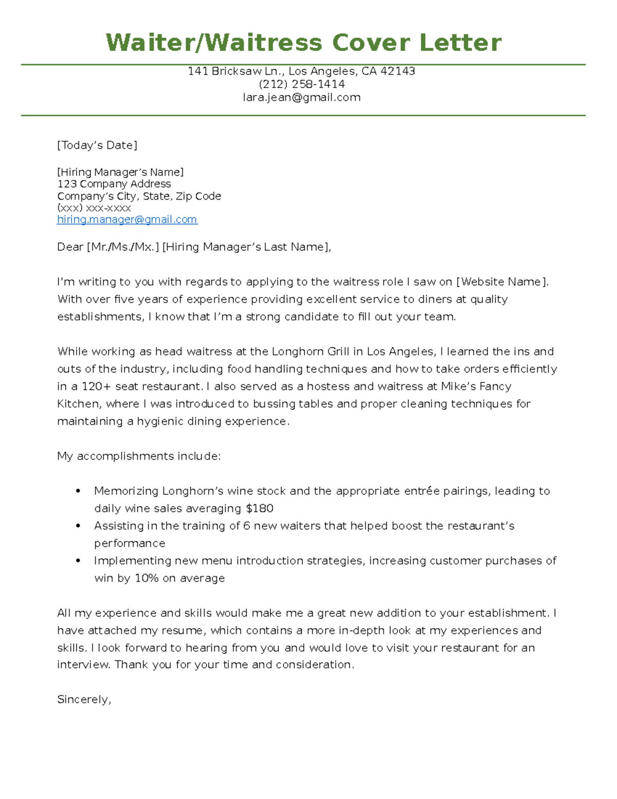 Waiter Waitress Cover Letter Example Chicago Green Waiter Waitress