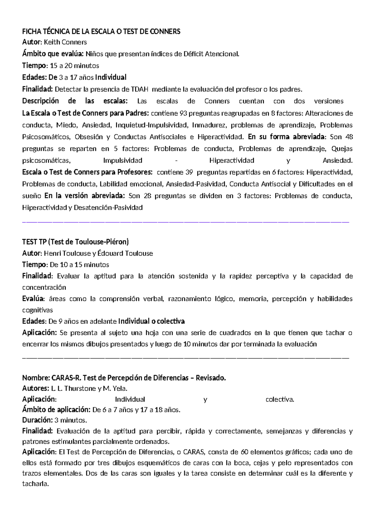 Tests - FICHA TÉCNICA DE LA ESCALA O TEST DE CONNERS Autor: Keith ...
