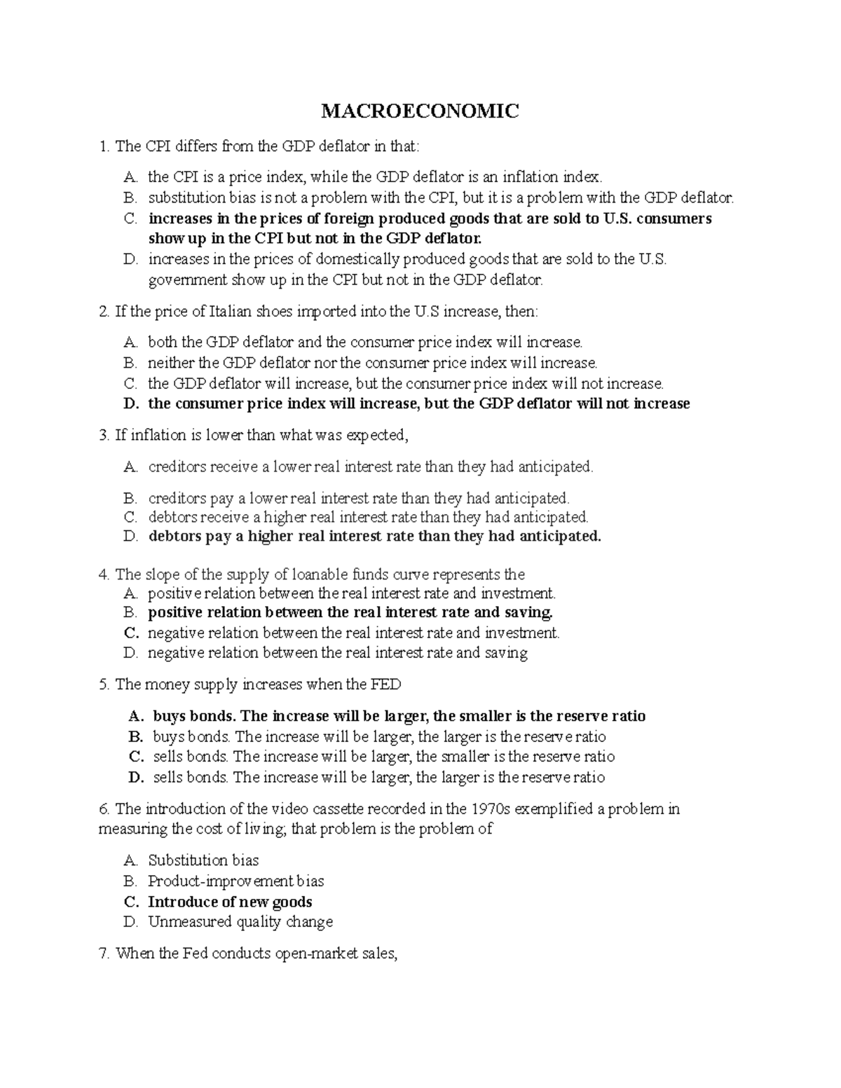 Macroeconomic - Macro - MACROECONOMIC The CPI differs from the GDP ...