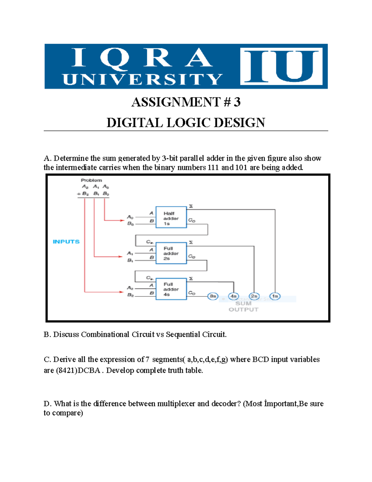 Ass # 3 dld - best - ASSIGNMENT # 3 DIGITAL LOGIC DESIGN A. Determine the sum generated by 3-bit ...