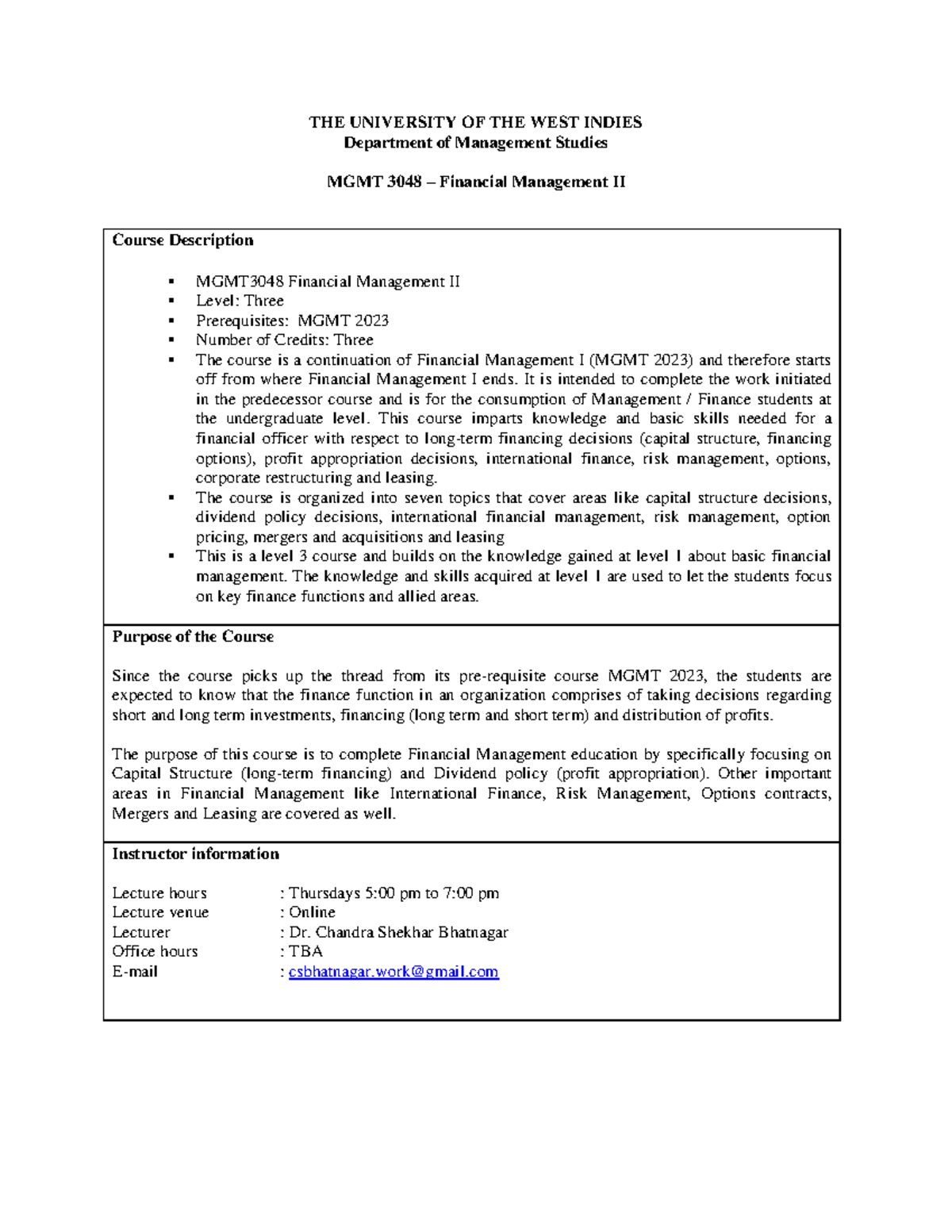 Course Outline MGMT3048 Financial Management II Financial course-outline-mgmt3048-financial-management-ii-financial