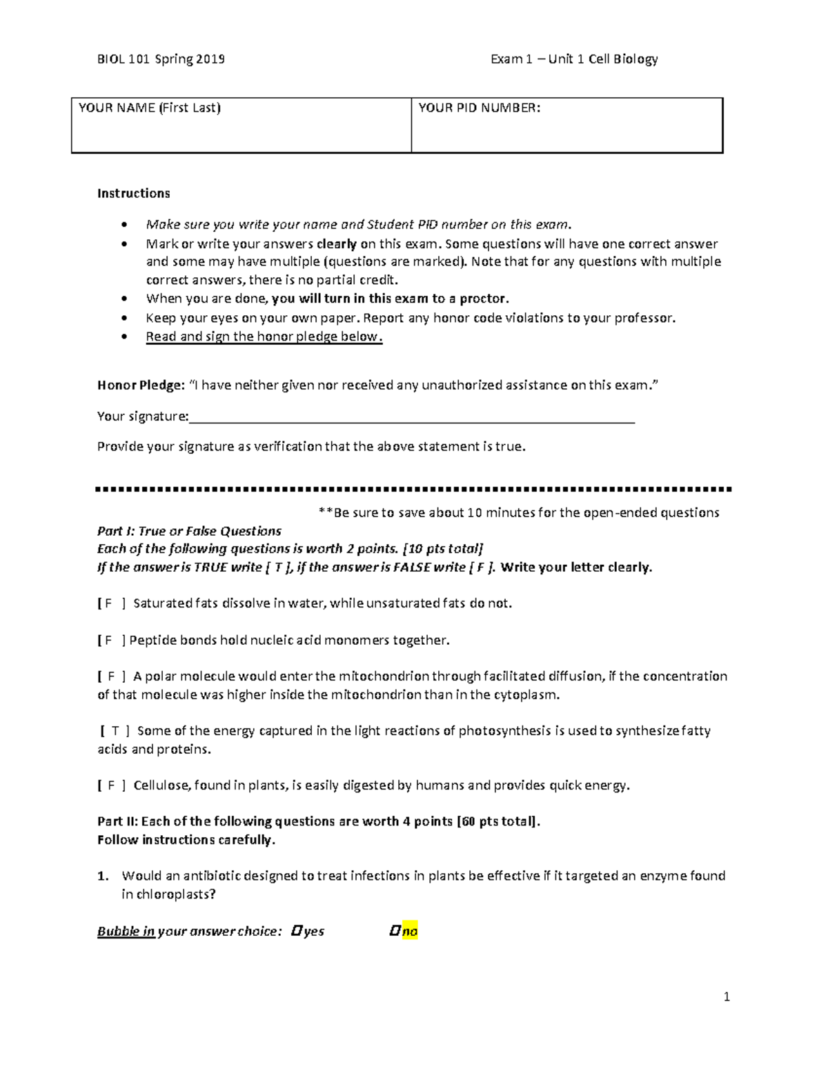 BIOL 101 Spring 2019 Exam 1 Unit 1 Cell Biology - Studocu