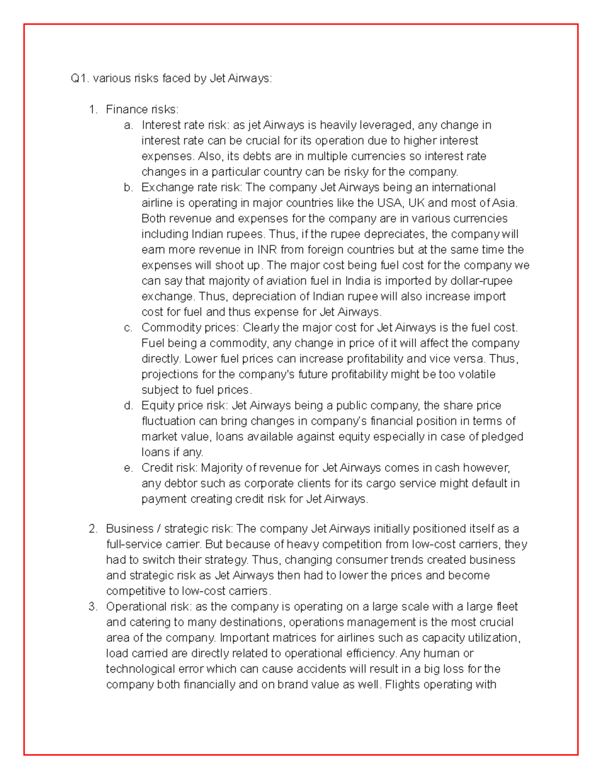 Futures and Options - Jet airways case - Q1. various risks faced by Jet ...