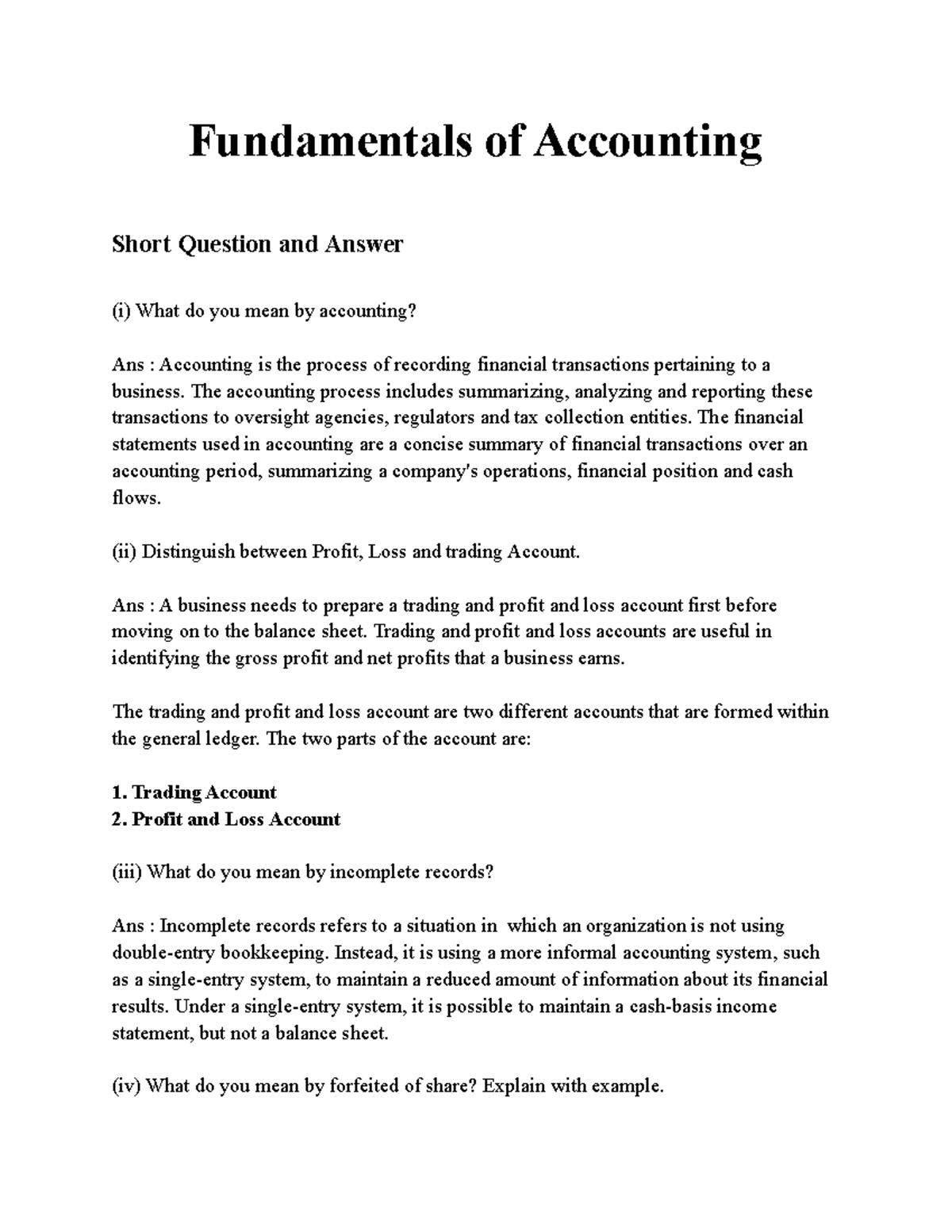Fundamentals of Accounting - Fundamentals of Accounting Short Question ...