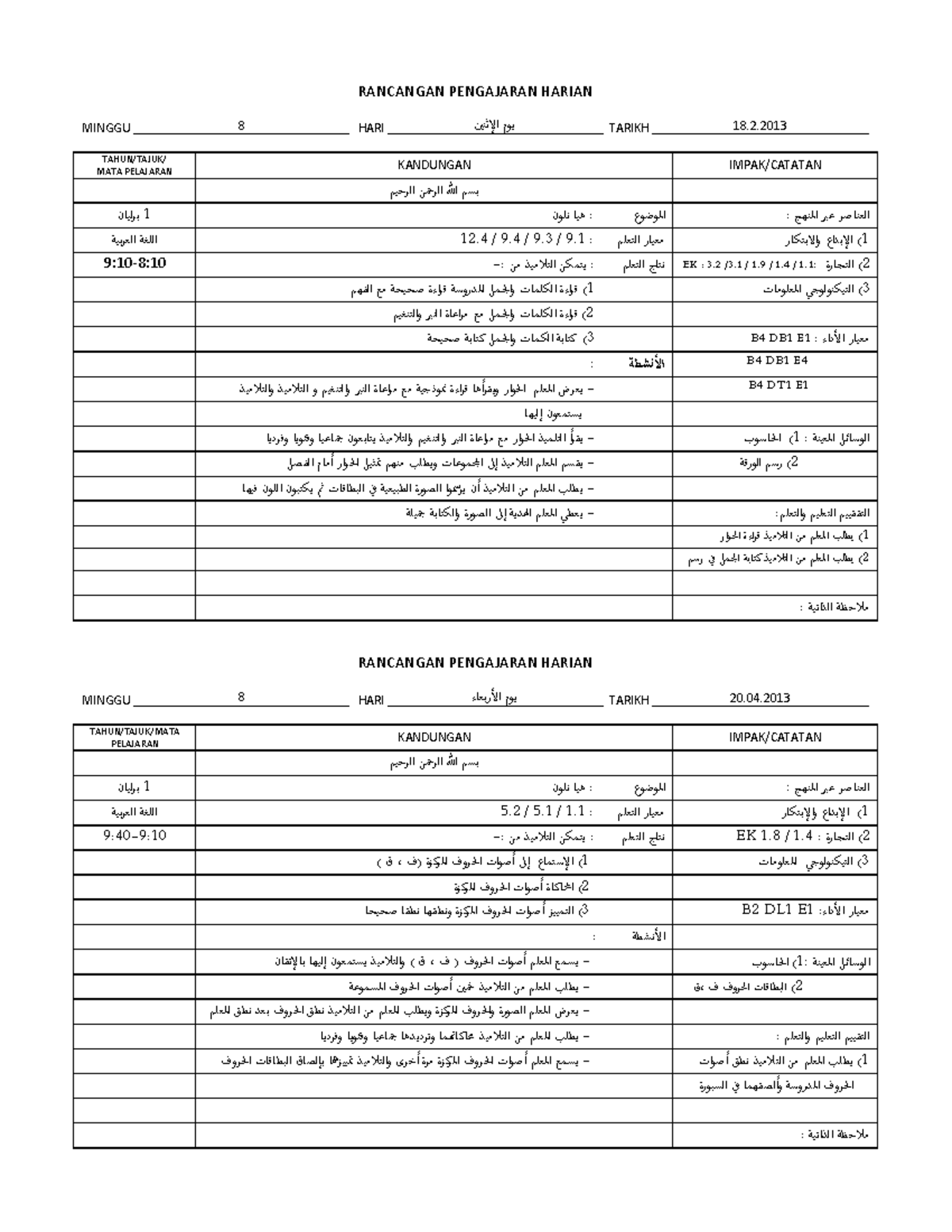 RPH Bahasa Arab Tahun 2 - Contoh RPH - MINGGU ...
