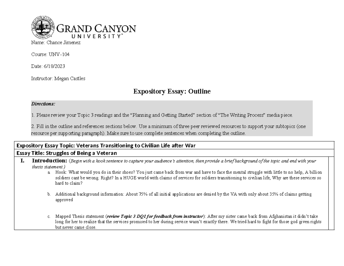 UNV 104 RS T3 Expository Essay Outline - Name: Chance Jimenez Course ...