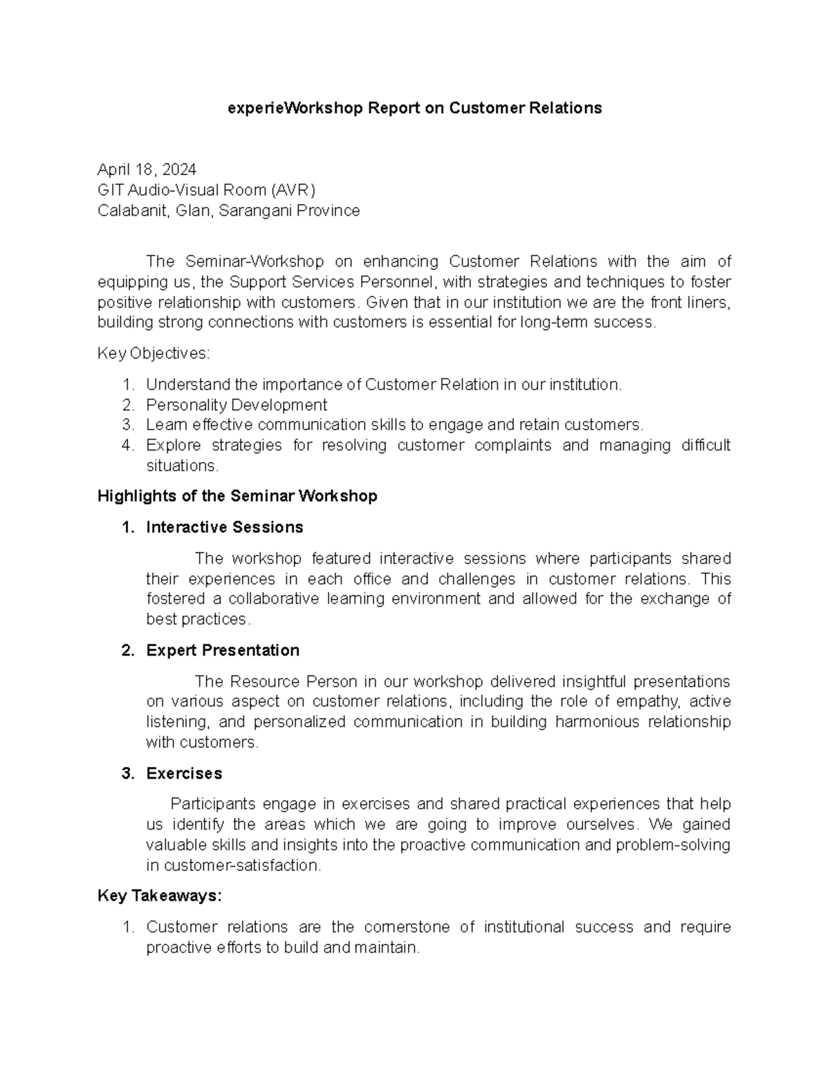 Customer Relation Report - experieWorkshop Report on Customer Relations ...