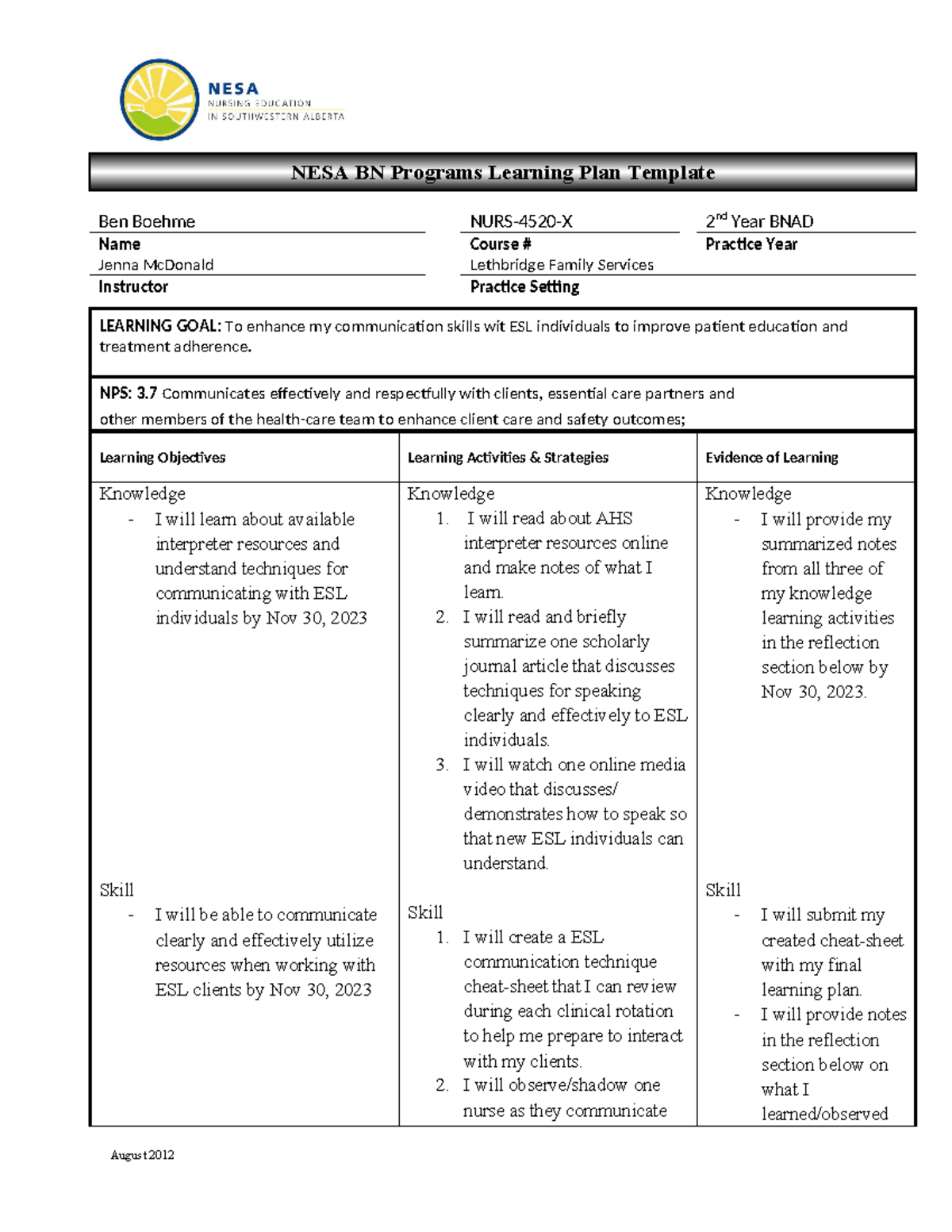 NESA BN Prog Learning Plan Sept 25 - Ben Boehme NURS-4520-X 2 nd Year ...