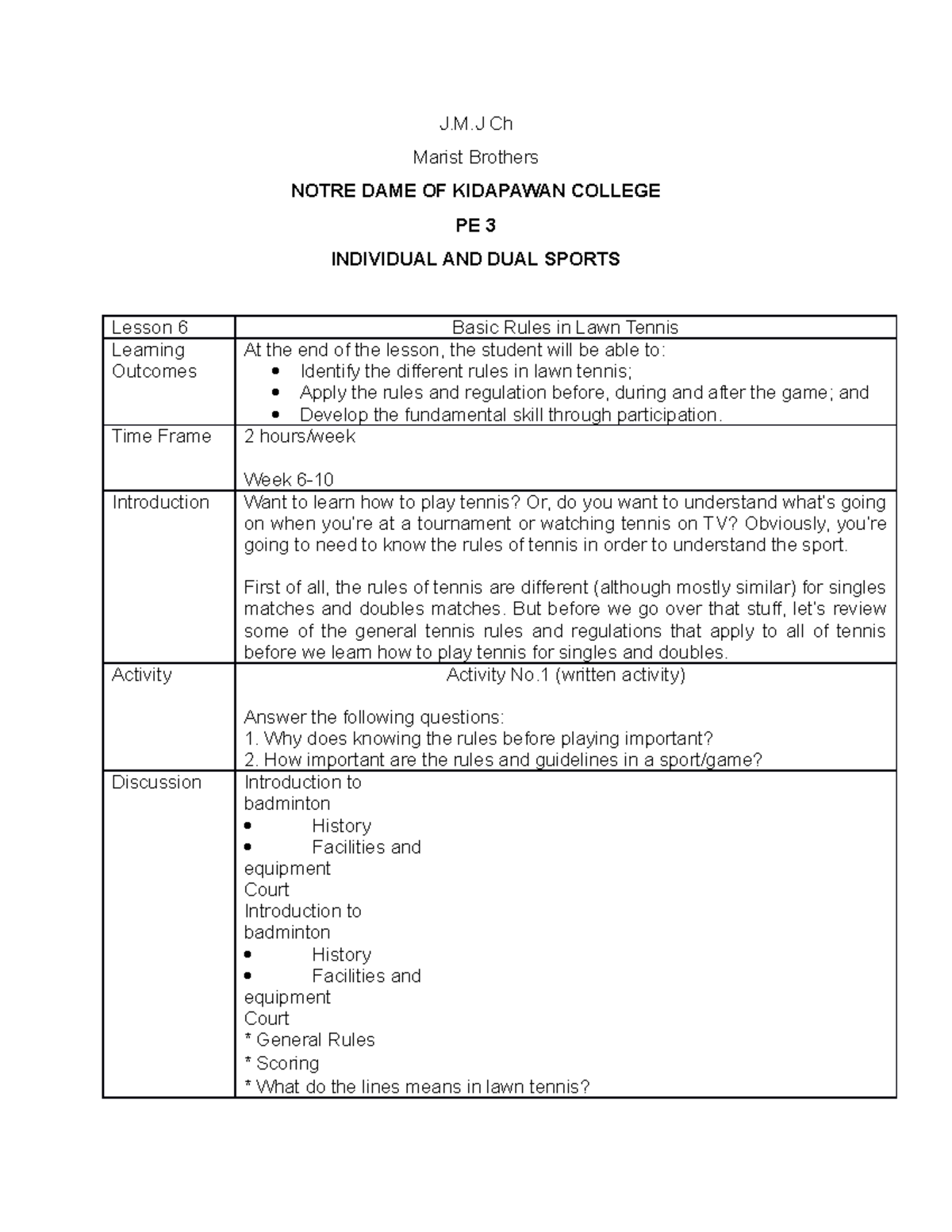 Lesson 6 - Basic Rules in Lawn Tennis - J.M Ch Marist Brothers NOTRE ...