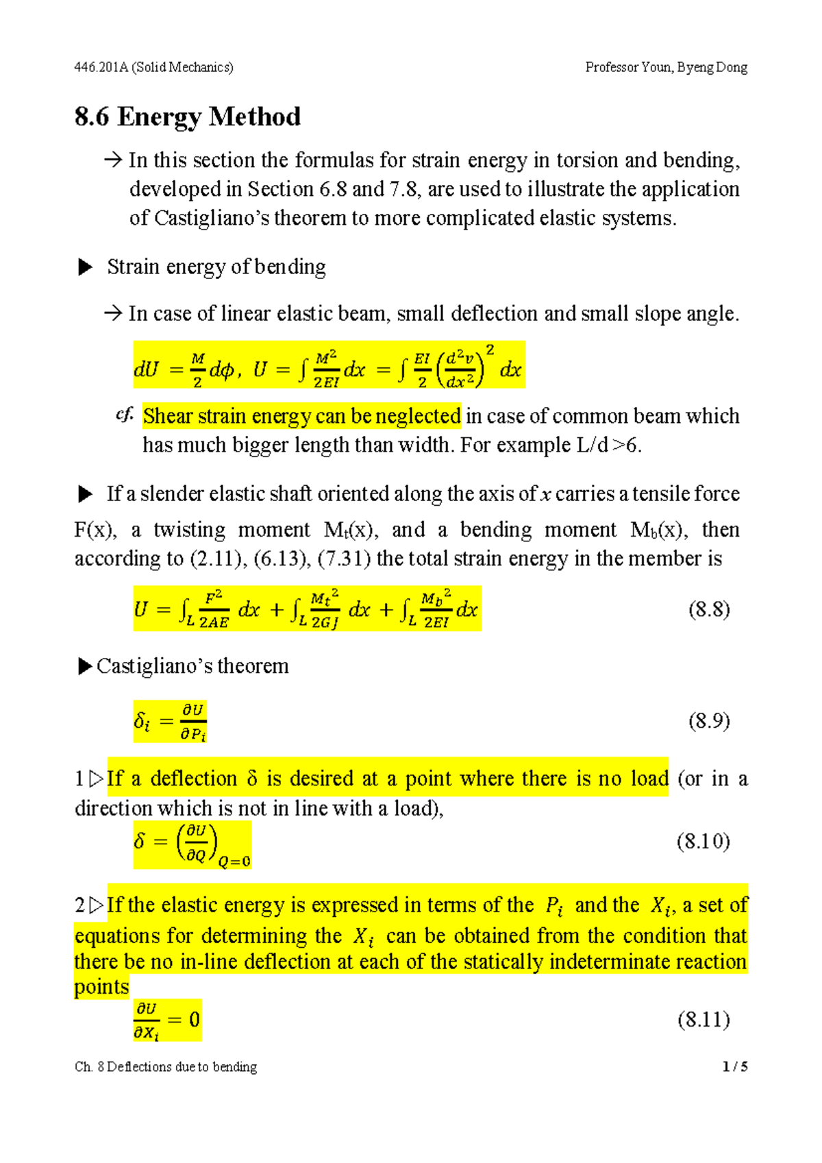 Chapter 8 - Solid mechanics 8 - 8 Energy Method à In this section the ...
