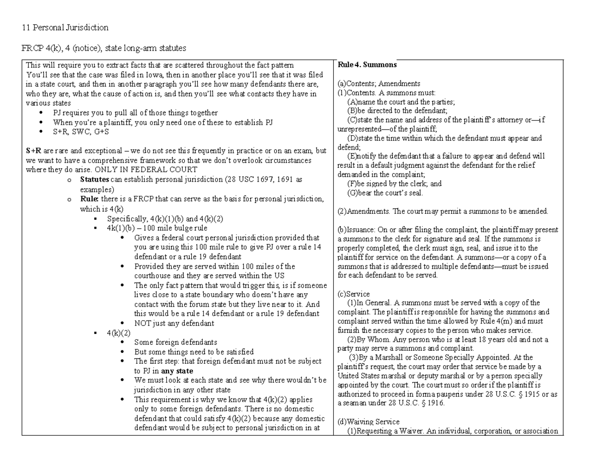 Personal Jurisdiction - 11 Personal Jurisdiction FRCP 4(k), 4 (notice ...