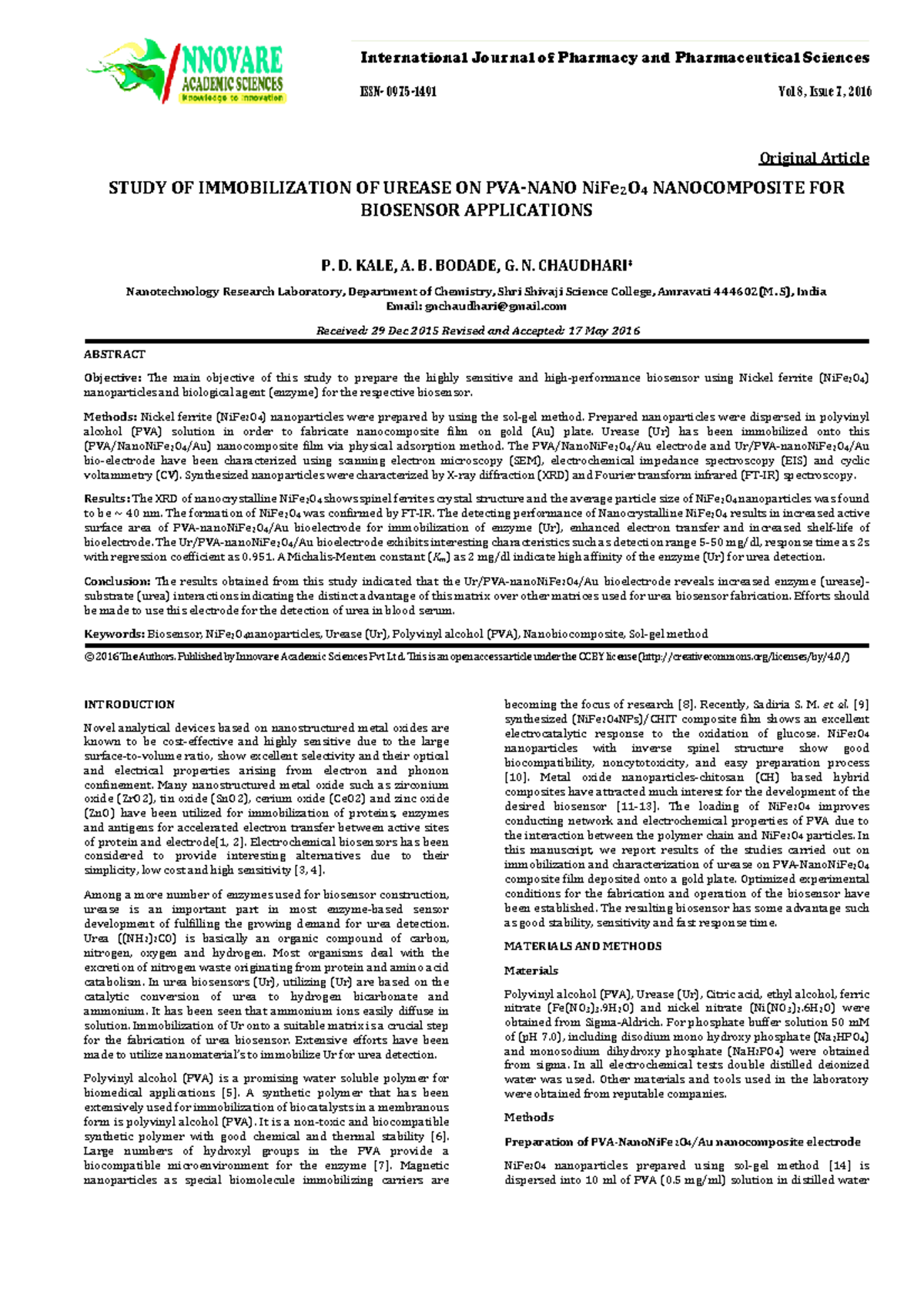 482240011 - Original Article STUDY OF IMMOBILIZATION OF UREASE ON PVA ...