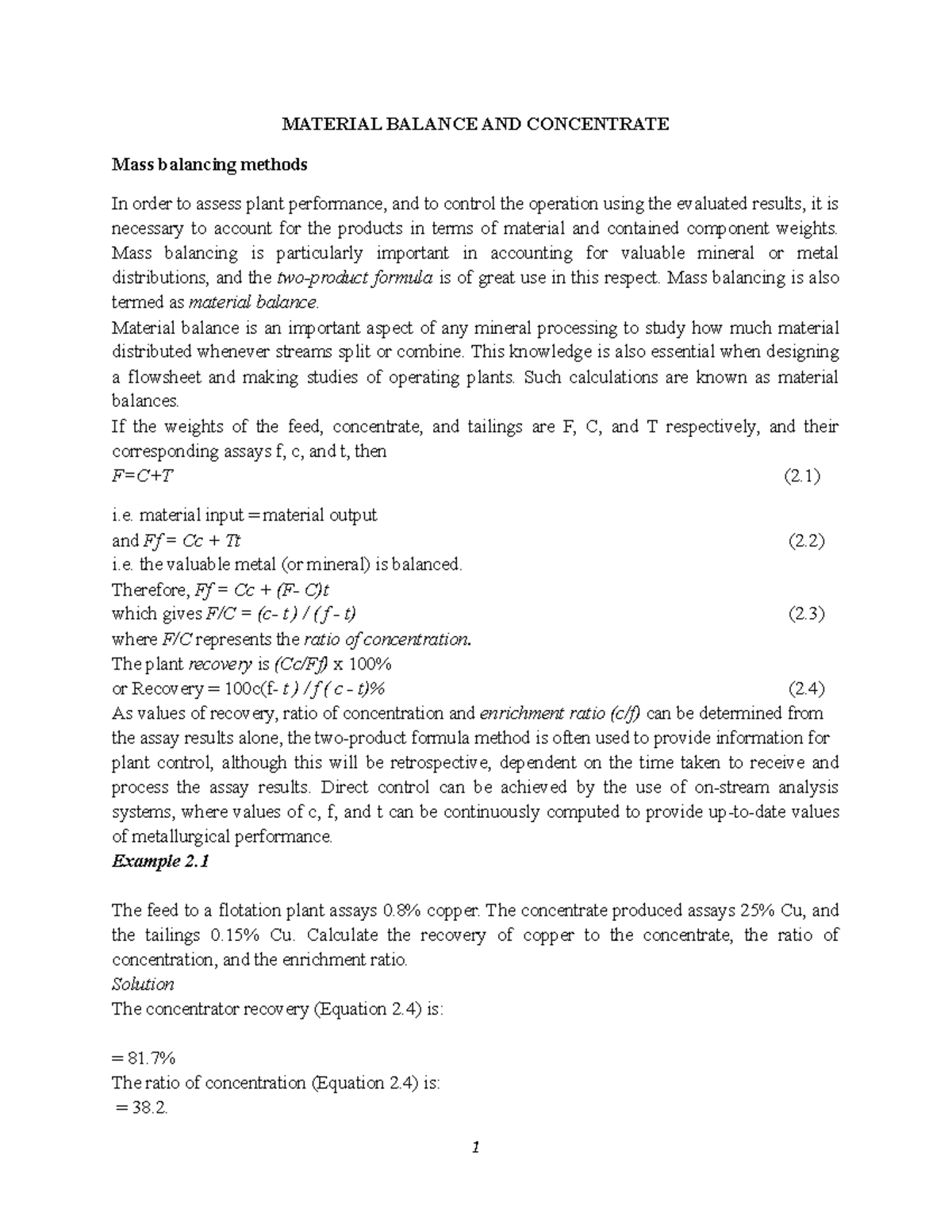3 ed92e15ee0 material balance - MATERIAL BALANCE AND CONCENTRATE Mass ...
