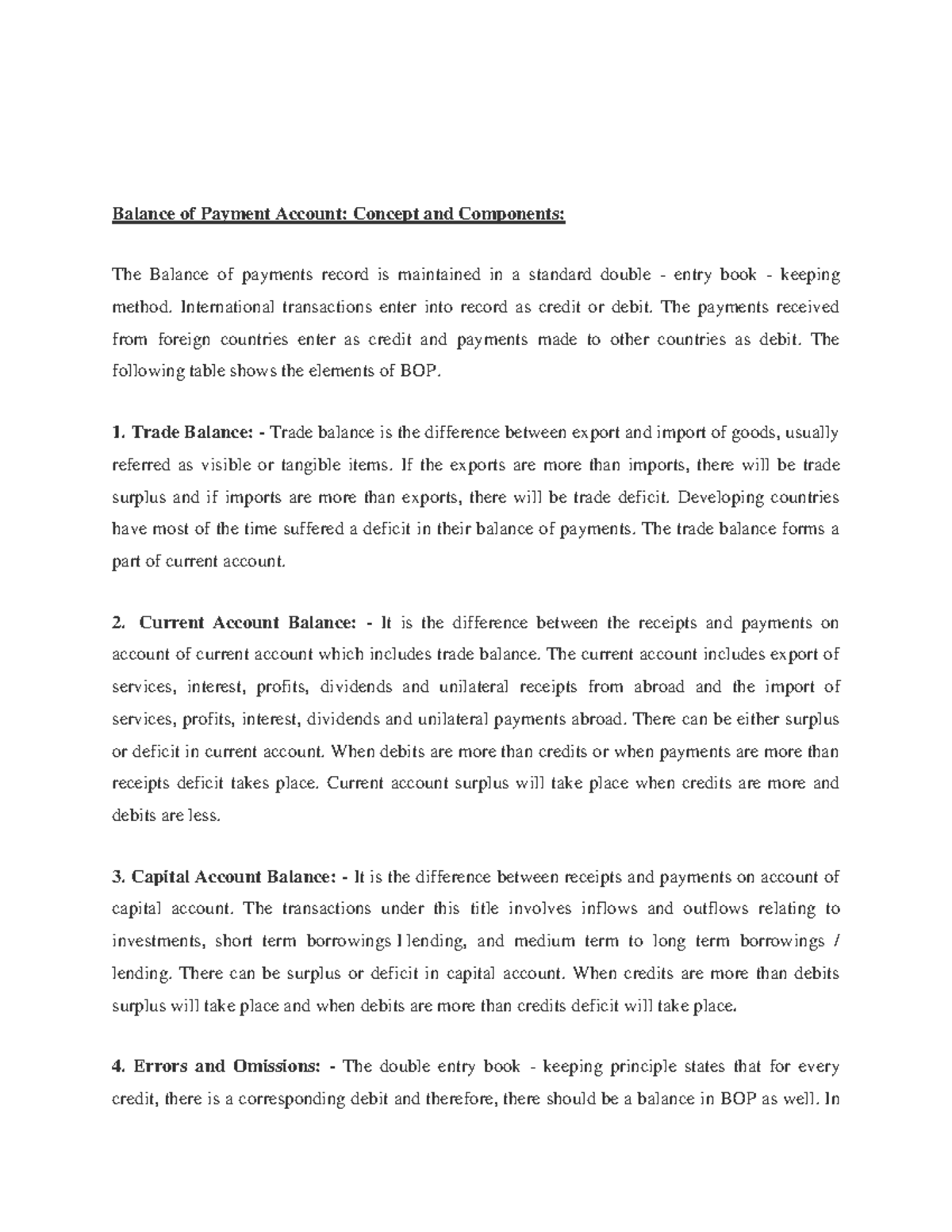 Balance of payment - Lecture notes - Balance of Payment Account ...