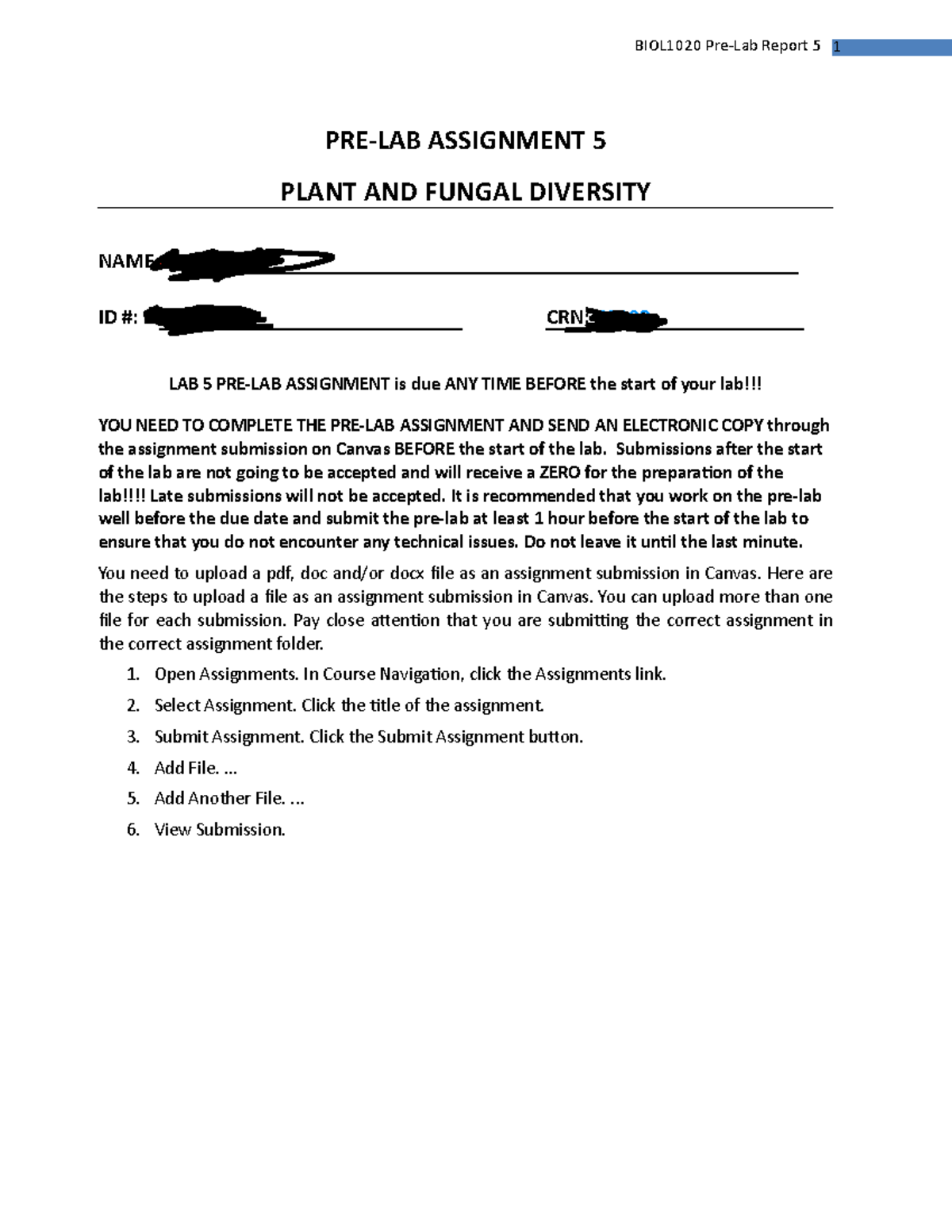 Sana Malik Lab 5-Pre-Lab Assignment W2024 - PRE-LAB ASSIGNMENT 5 PLANT AND FUNGAL DIVERSITY NAME ...