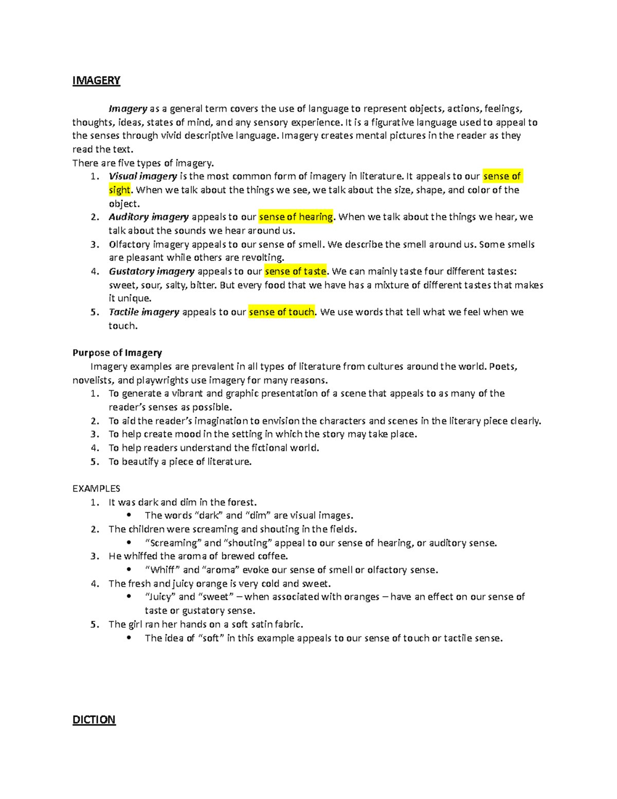 Imagery and Diction - IMAGERY Imagery as a general term covers the use ...