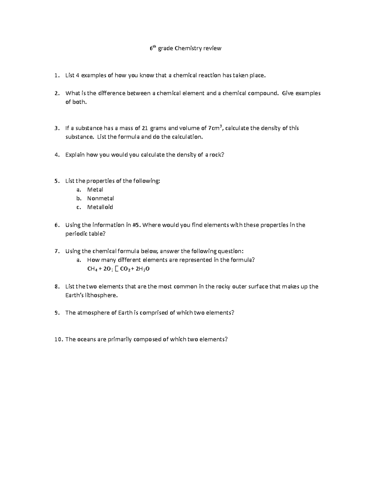 Copy of 6th grade Chemistry review - 6 th grade Chemistry review List 4 ...