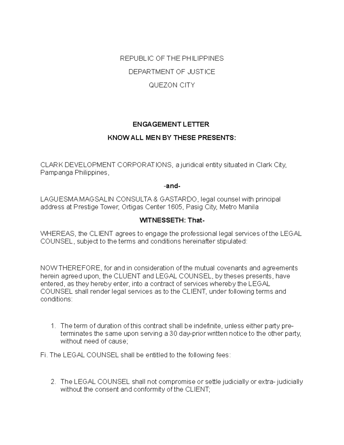 Engagement Letter - REPUBLIC OF THE PHILIPPINES DEPARTMENT OF JUSTICE ...
