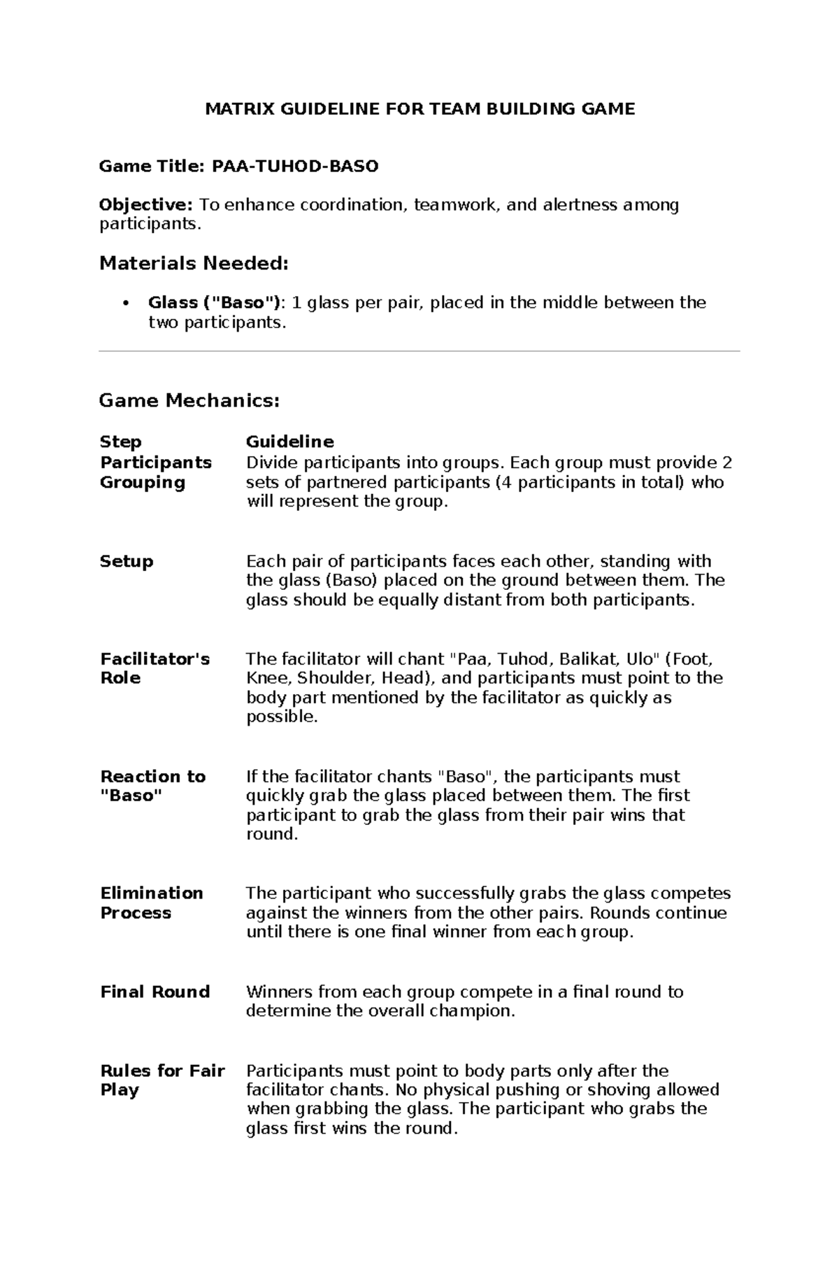 Games Guidelines - Group 3 MLF TEAM Building - MATRIX GUIDELINE FOR ...