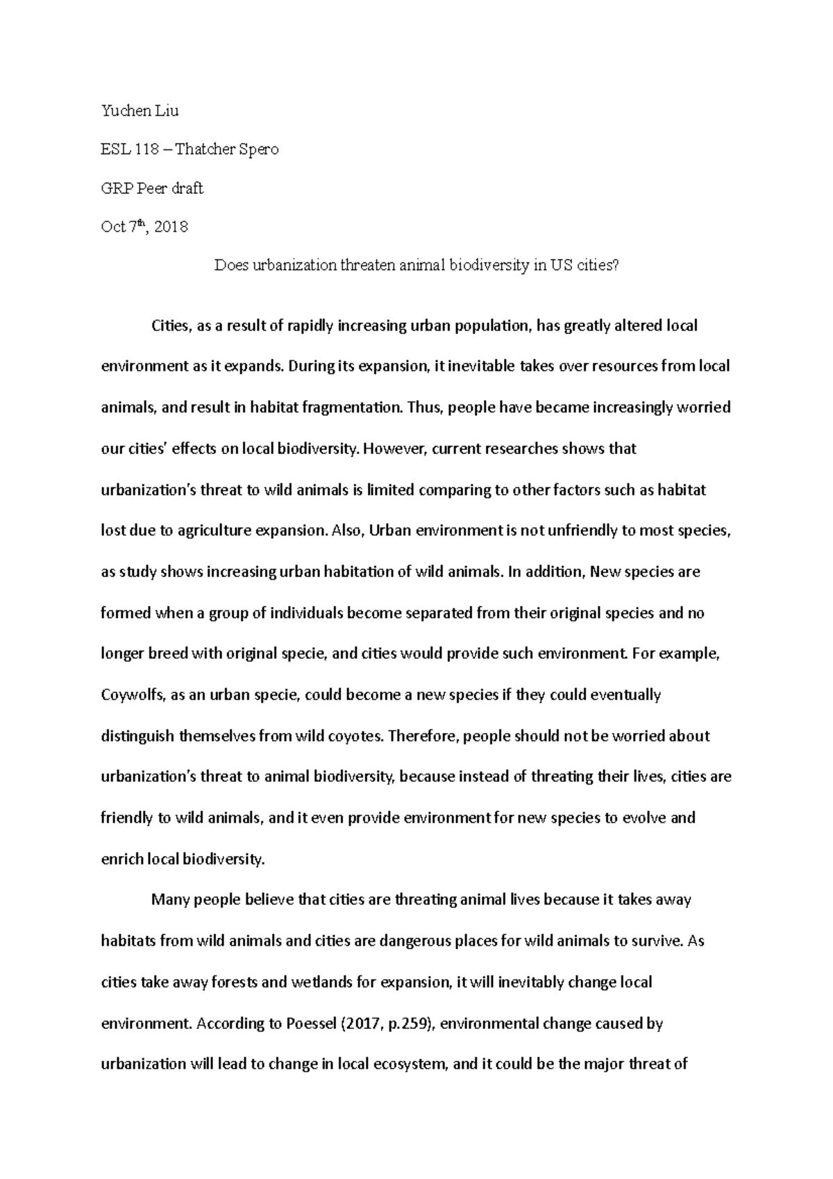 GRP draft 1 - Yuchen Liu ESL 118 Thatcher Spero GRP Peer draft Oct 7th ...