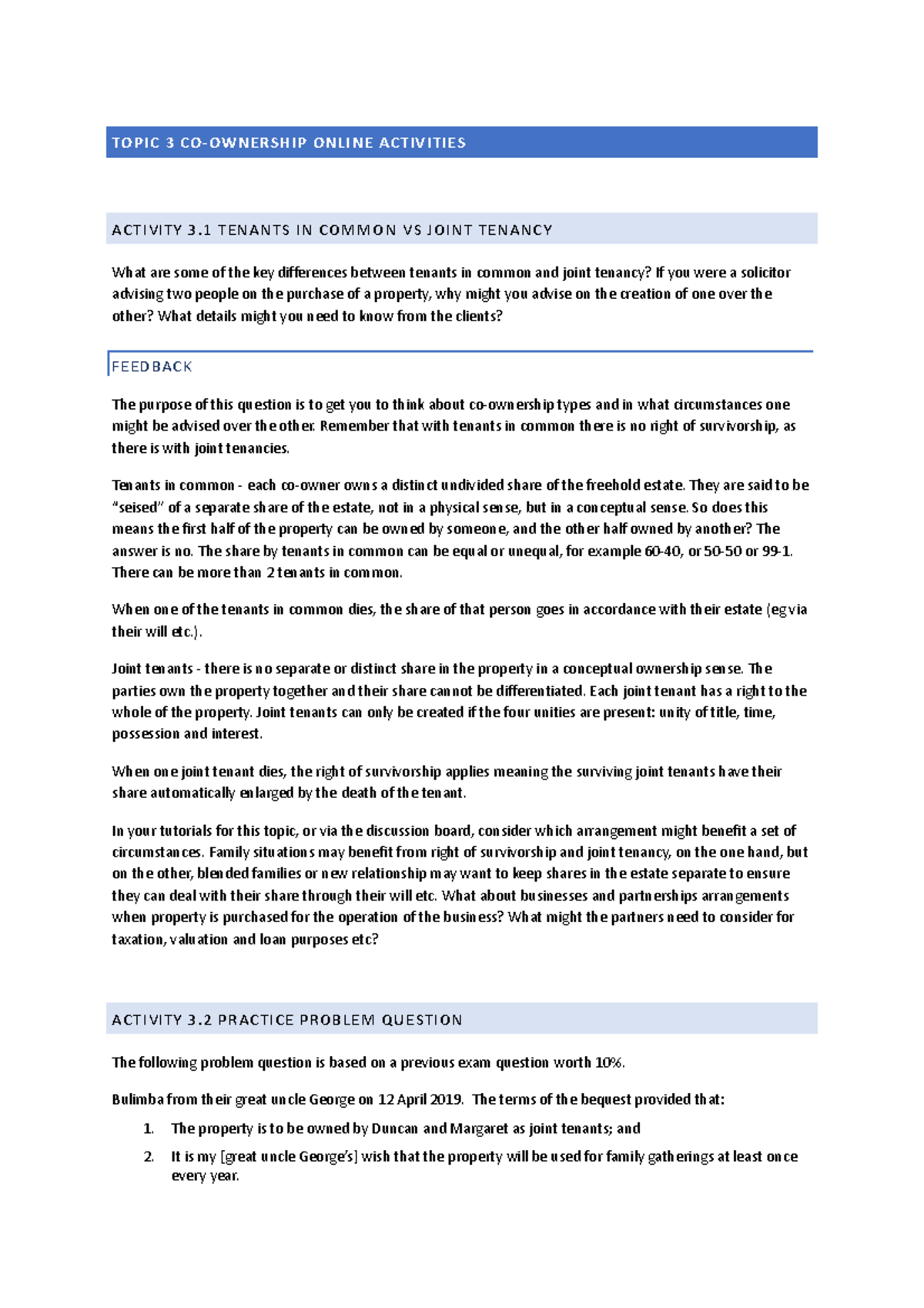 LLB301 Topic 3 Co-ownership Online Feedback - TOPIC 3 CO-OWNERSHIP ...