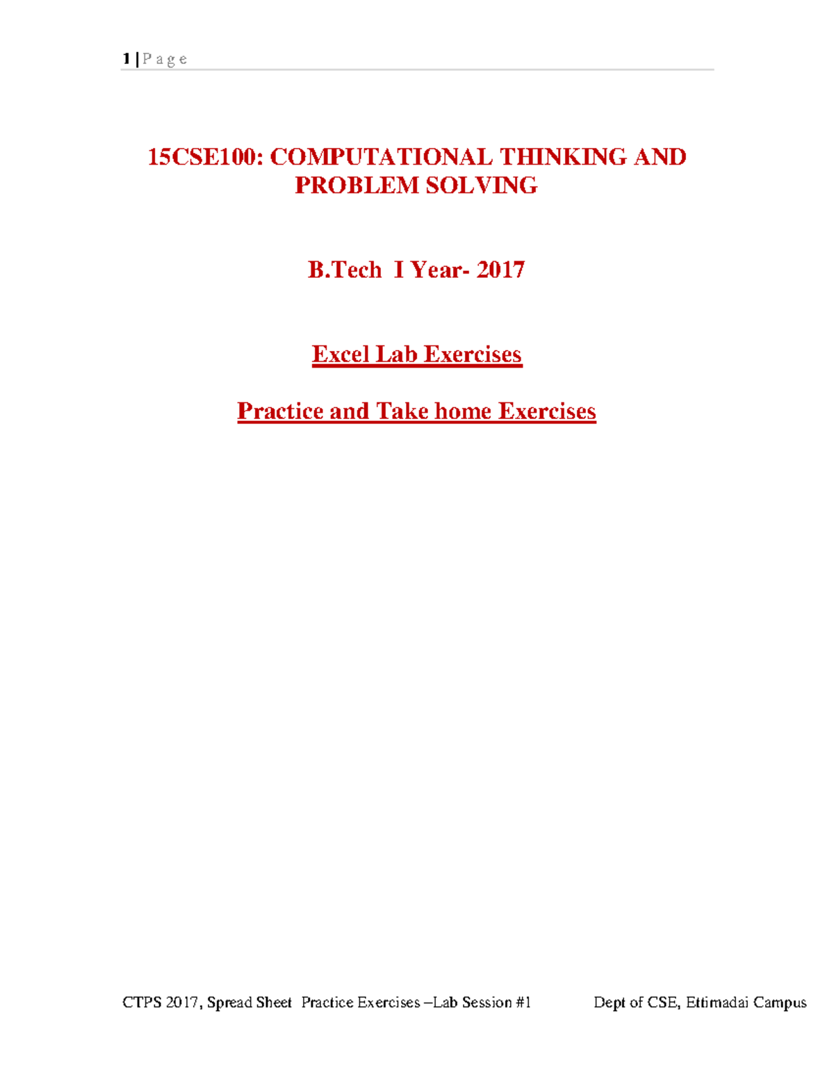 Spreadsheet practice exercises-2017 - 15CSE100: COMPUTATIONAL THINKING AND PROBLEM SOLVING B I ...