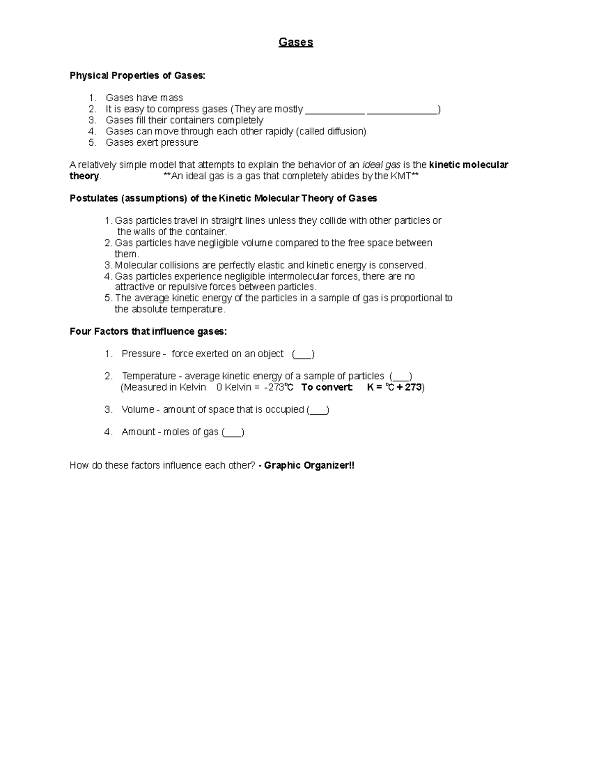 Gases Note Packet - Gases Physical Properties of Gases: 1. Gases have ...