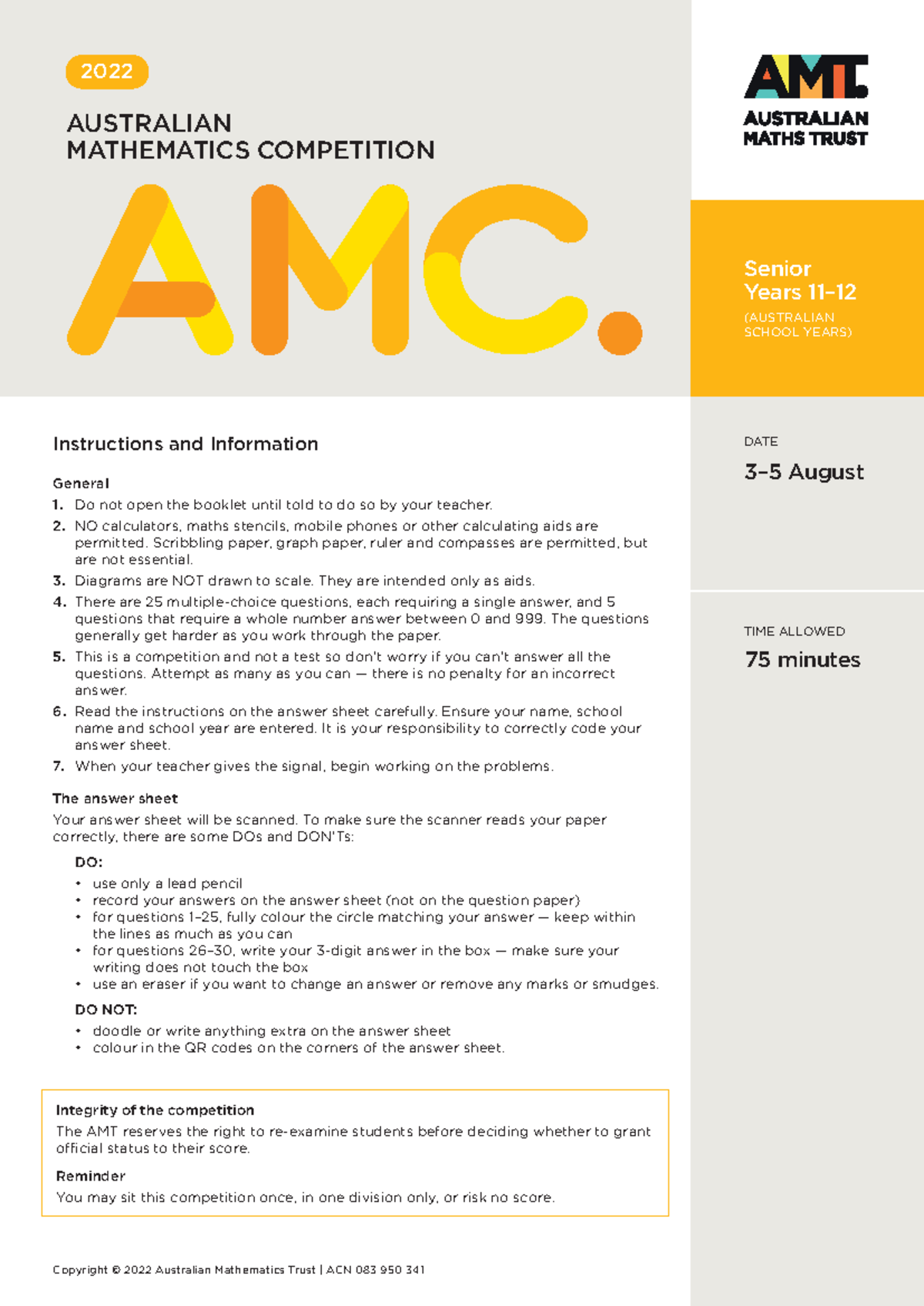 2022 AMC Senior Question Paper questions only (with no answer supplied ...