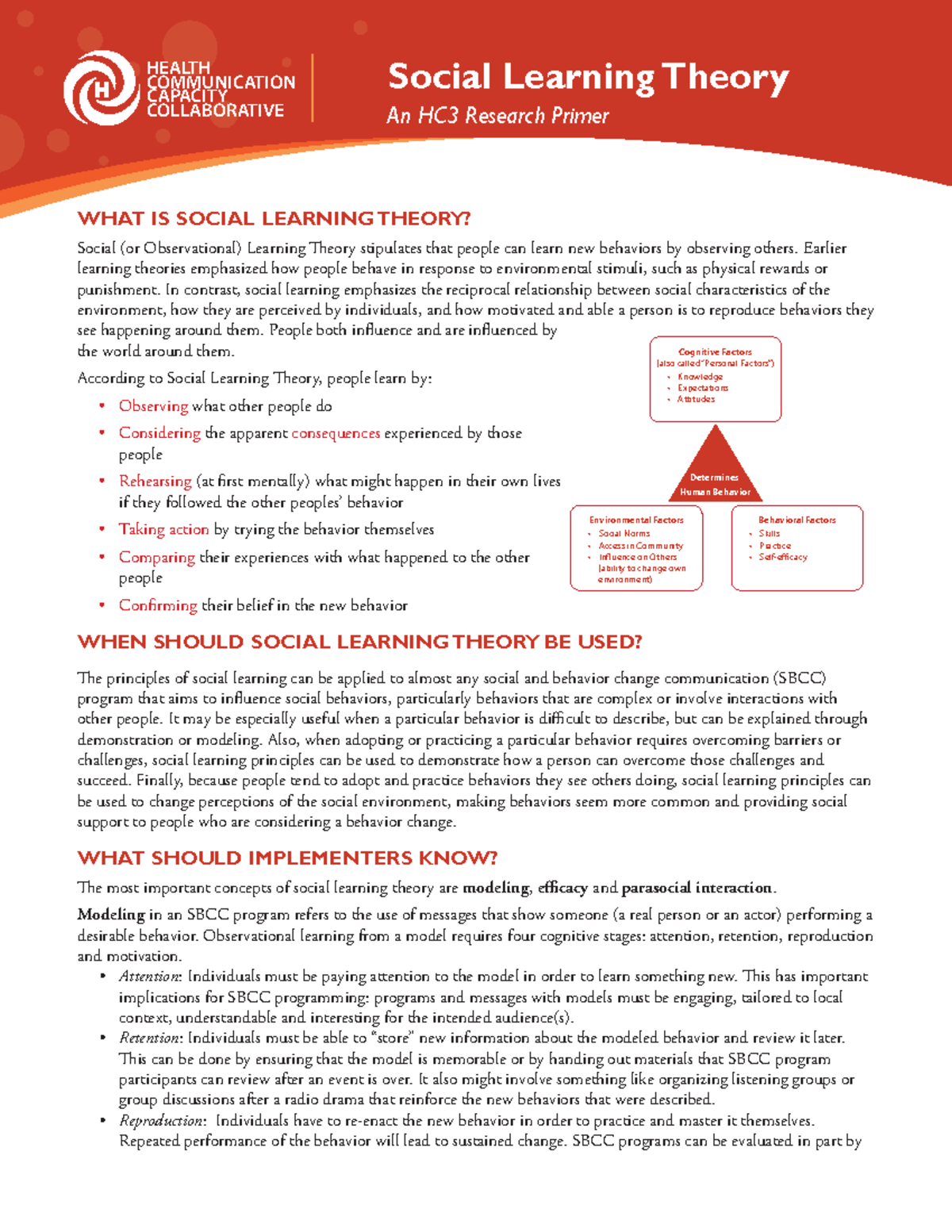 Week 13 The Social Cognitive Learning Theory Model - Social Learning ...