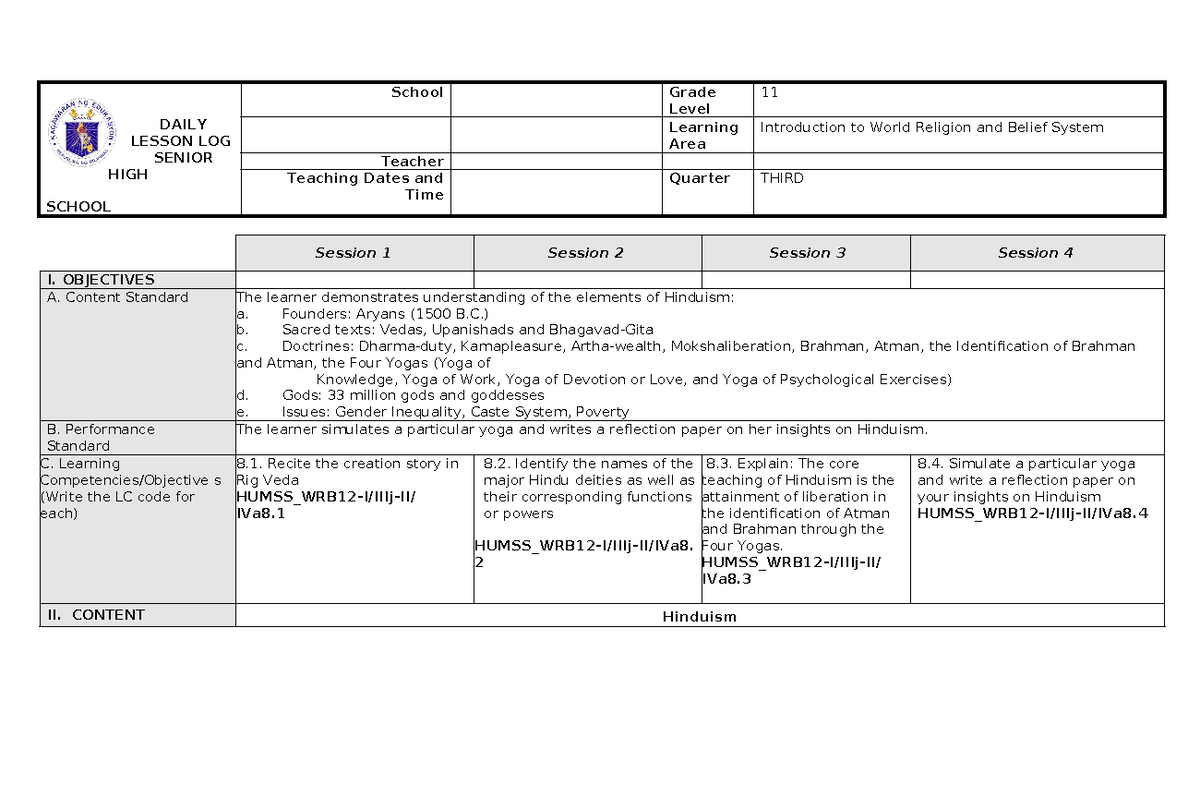 Daily Lesson Log - DAILY LESSON LOG SENIOR HIGH SCHOOL School Grade ...