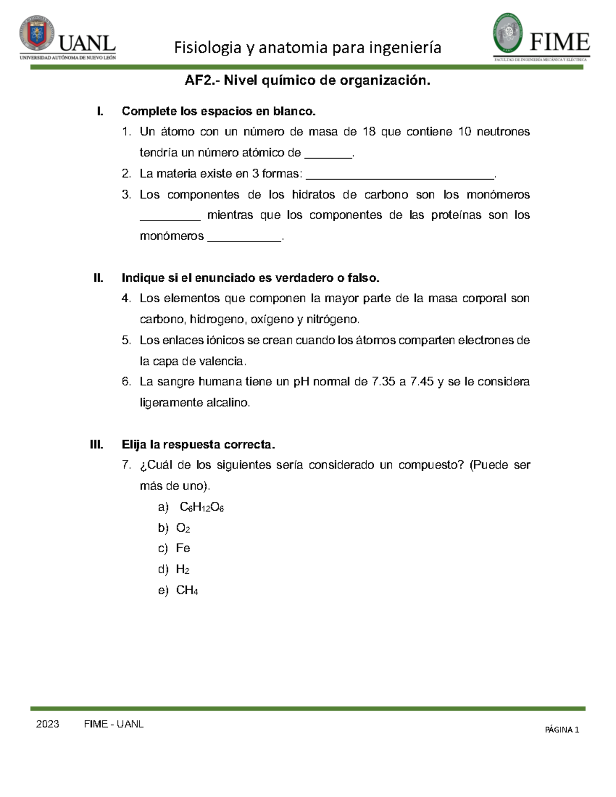 AF2. Nivel quimico - AF2.- Nivel químico de organización. I. Complete ...