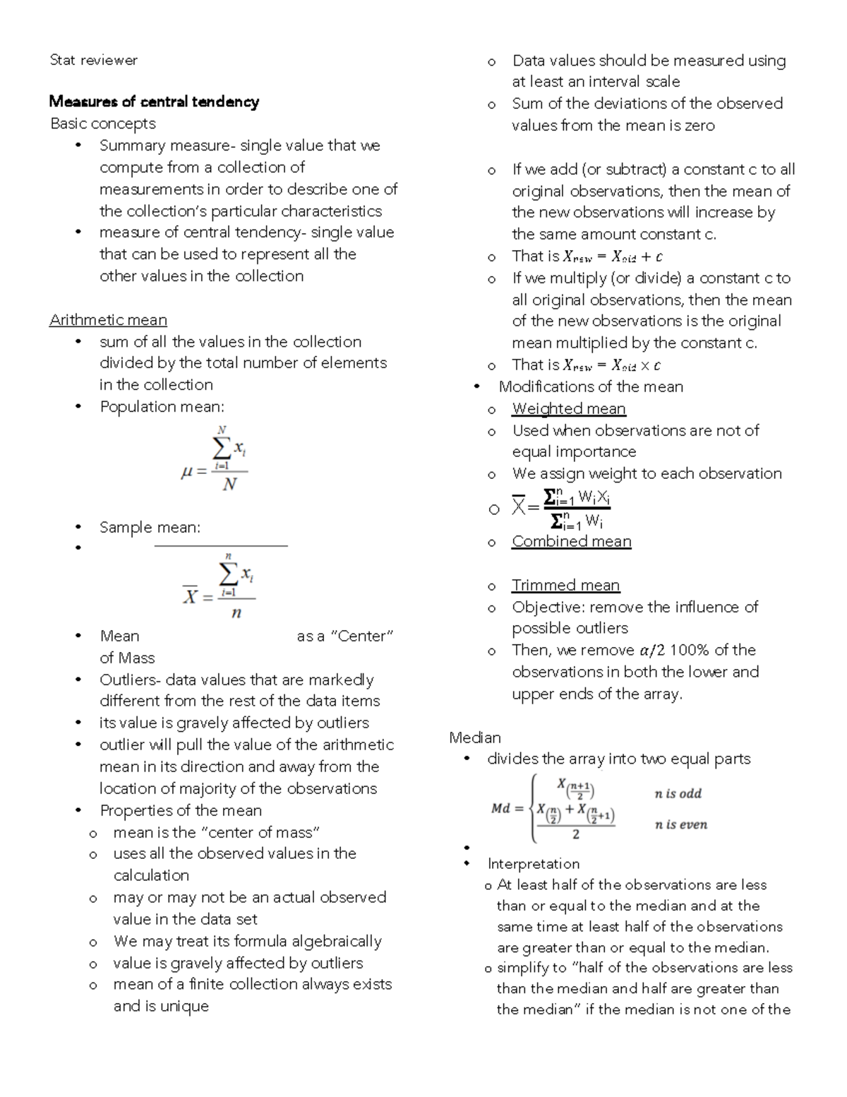 Statistics central tendency notes - Stat reviewer Measures of central ...