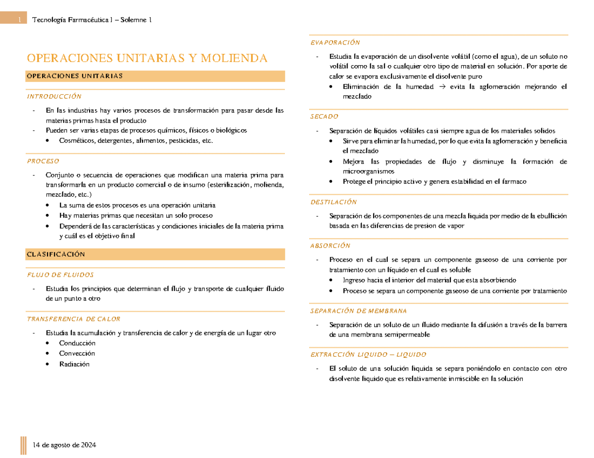 Tecnologia Farmaceutica Clase 3 Operaciones Unitarias y Molienda - OPERACIONES UNITARIAS Y ...