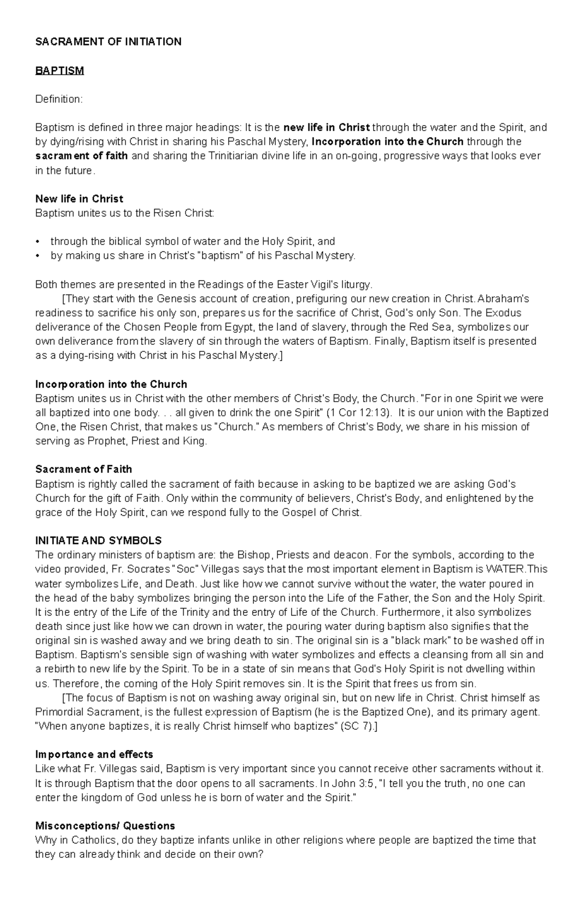 THEOLOGY BSAC 1 Semi - final reviewer - SACRAMENT OF INITIATION BAPTISM ...