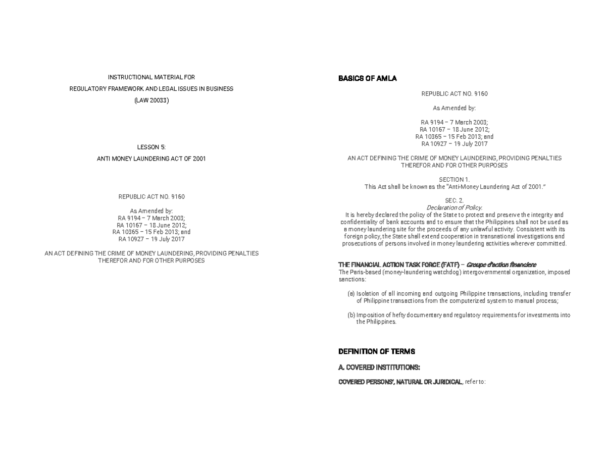 AMLA - AMLA - INSTRUCTIONAL MATERIAL FOR REGULATORY FRAMEWORK AND LEGAL ...
