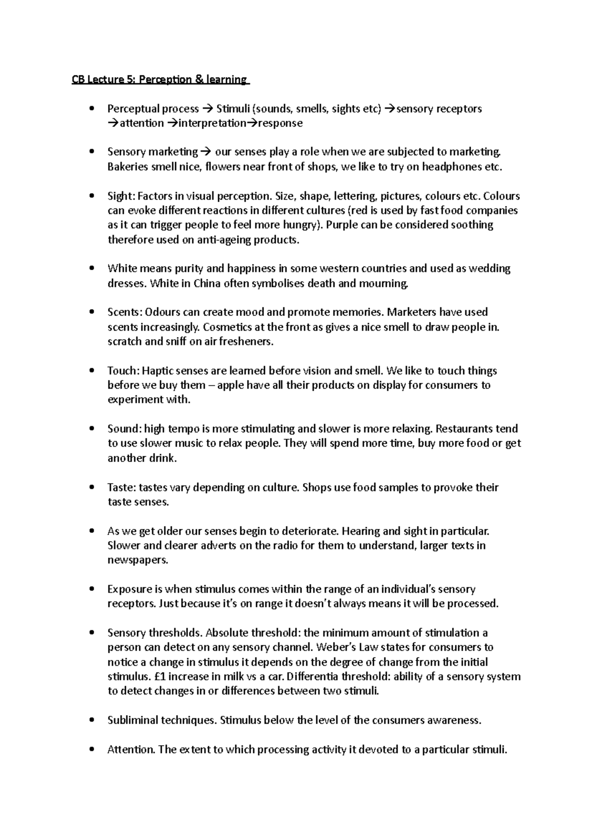 CB Perception & Learning - CB Lecture 5: Perception & learning Perceptual process Stimuli - Studocu